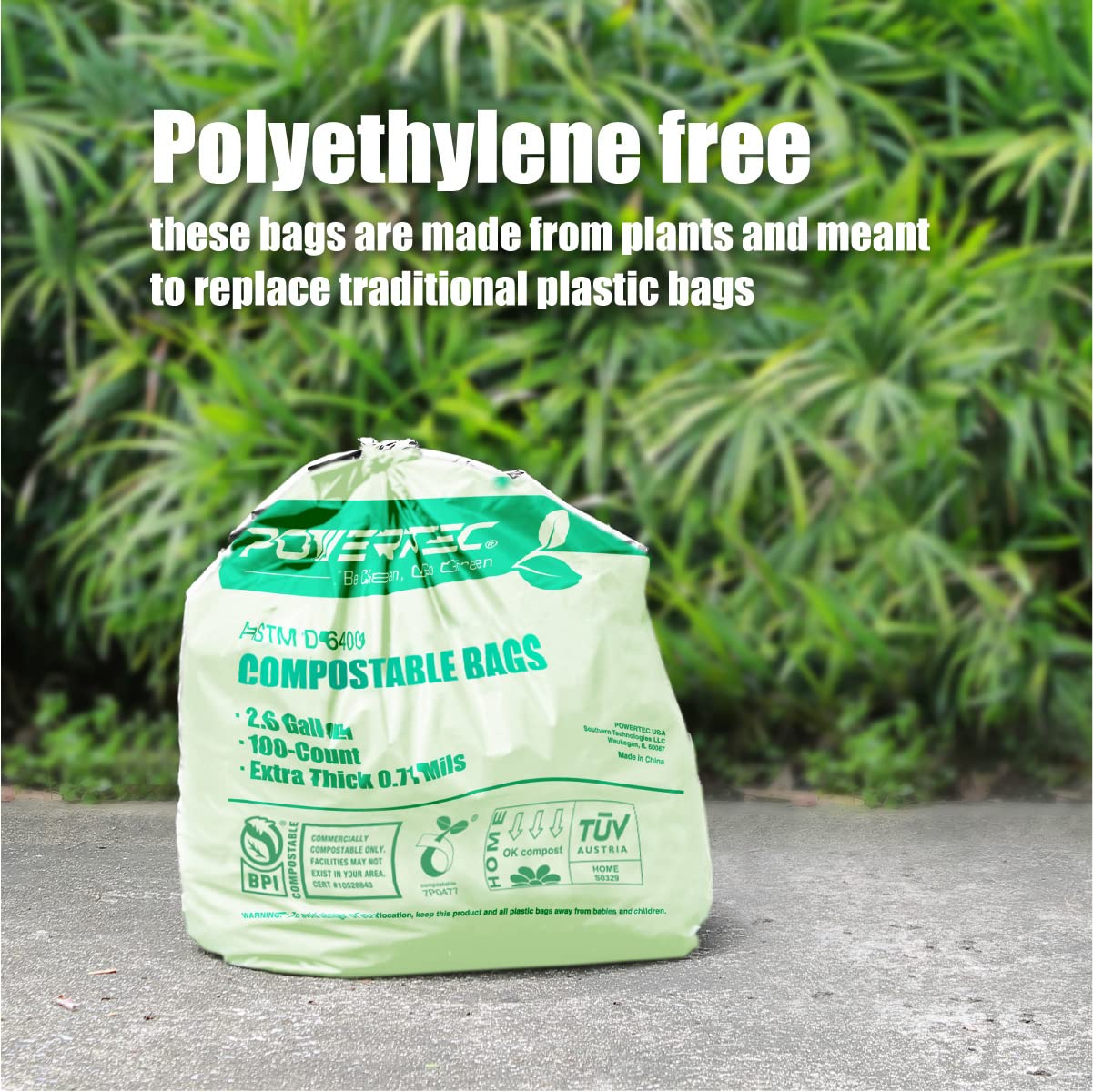 POWERTEC Compostable Bags, 2.6 Gallon (9.84 Liter), 100 Count, Extra Thick 0.71 Mil Kitchen Scrap Waste Bag, ASTM D6400 US BPI & European OK Compost Home Certified, Biodegradable Yard Waste Trash Bag