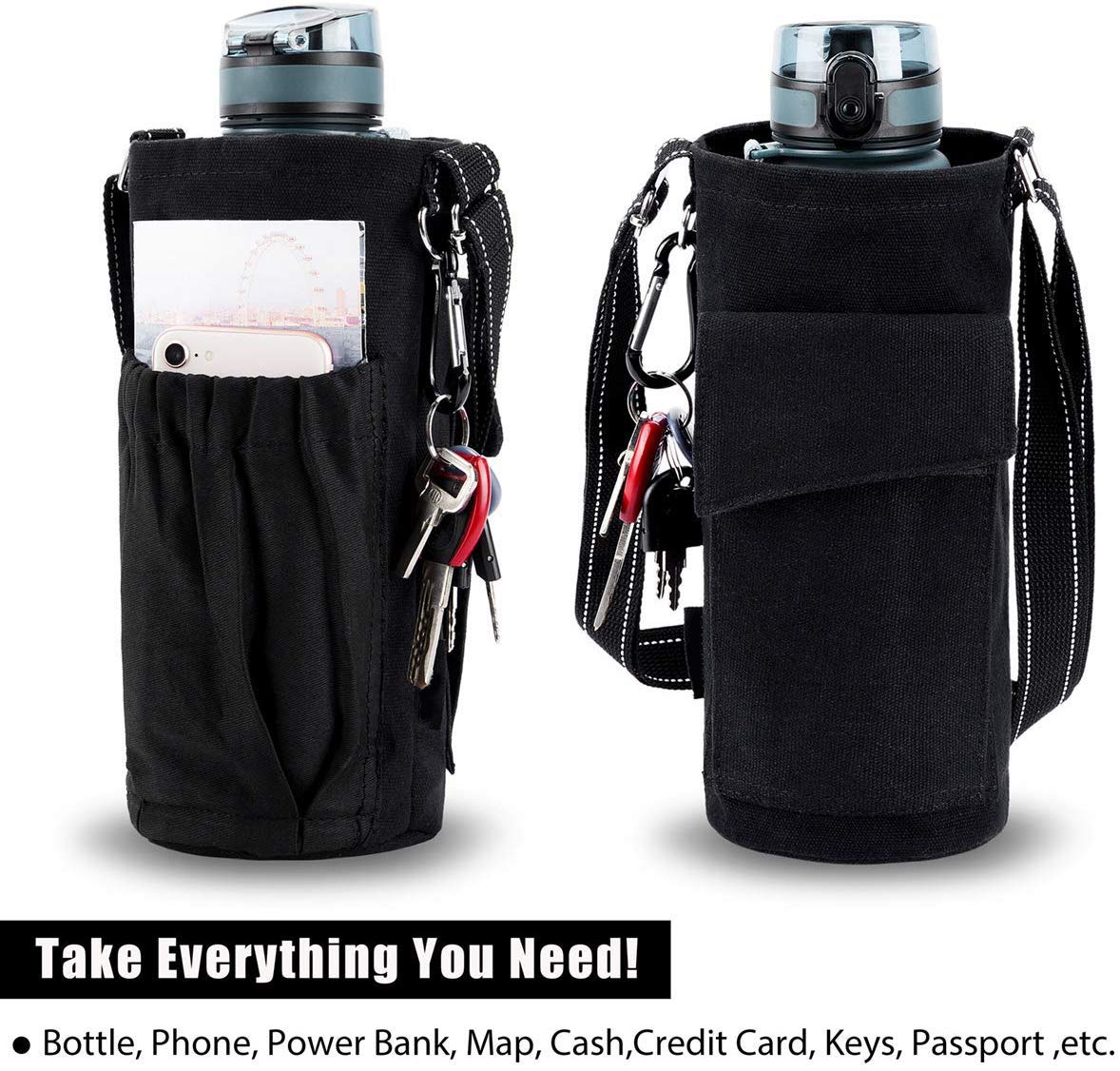 POPRUN Water Bottle Holder for Walking, 50oz Water Bottle Carrier Pouch Bag with Adjustable Shoulder/Hand Strap 2 Pockets for Biking/Hiking/Travel/Camping, Black