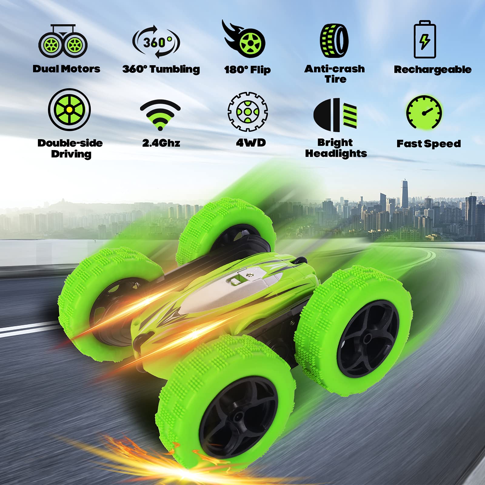 Rcfunkid Remote Control Car, 4WD RC Cars with Double Sided 360 Degrees Tumbling and Rotating, 2.4GHZ RC Stunt Car with LED, Remote Control Car for Boys and Girls 4-7