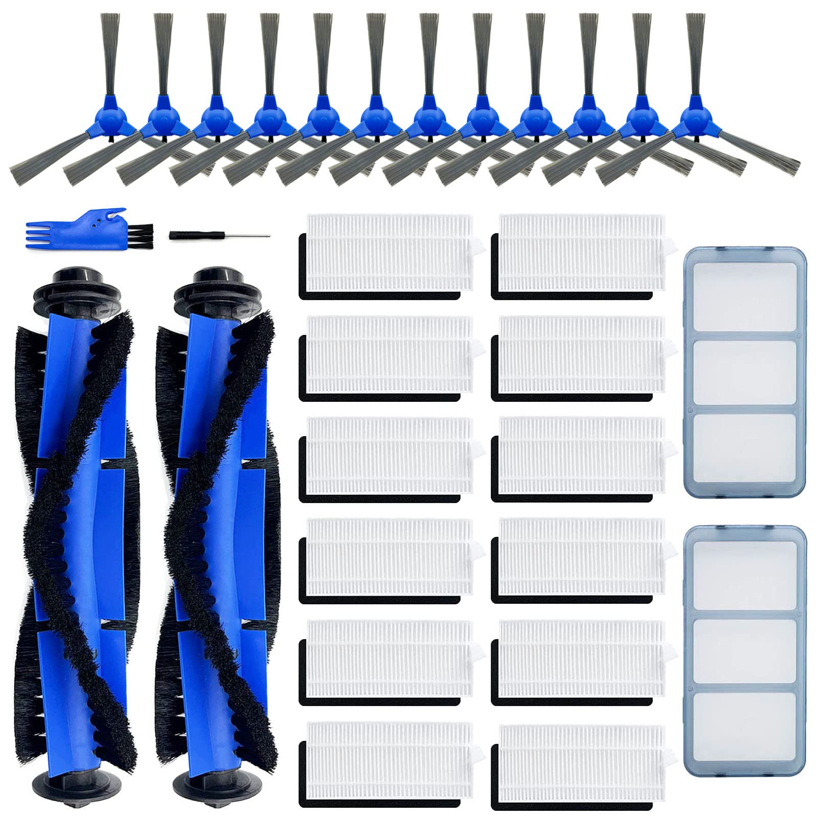 Tivcroxs 28 Pack Replacement Part Compatible for Eufy RoboVac 11S, 15C, 30, 30C, 12, 35C, 25C, 15T Robotic Vacuums, 2 Rolling Brushes, 12 Filter Sets, 12 Side Brushes, 2 Pre Filters