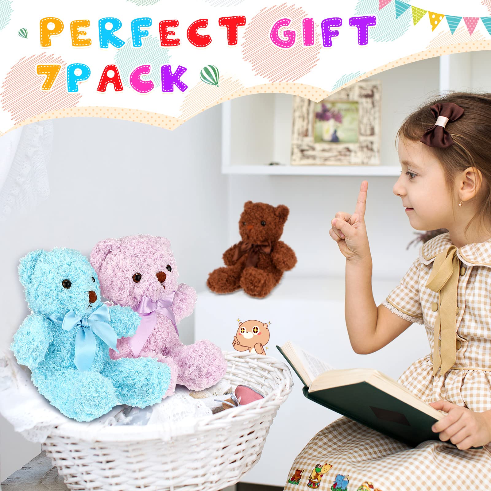 Zomiboo 7 Packs 14 Inch Plush Bear Stuffed Animals Plush Valentine Day Gift Soft Cute Stuffed Dolls Birthday Party Decorations(White, Brown)
