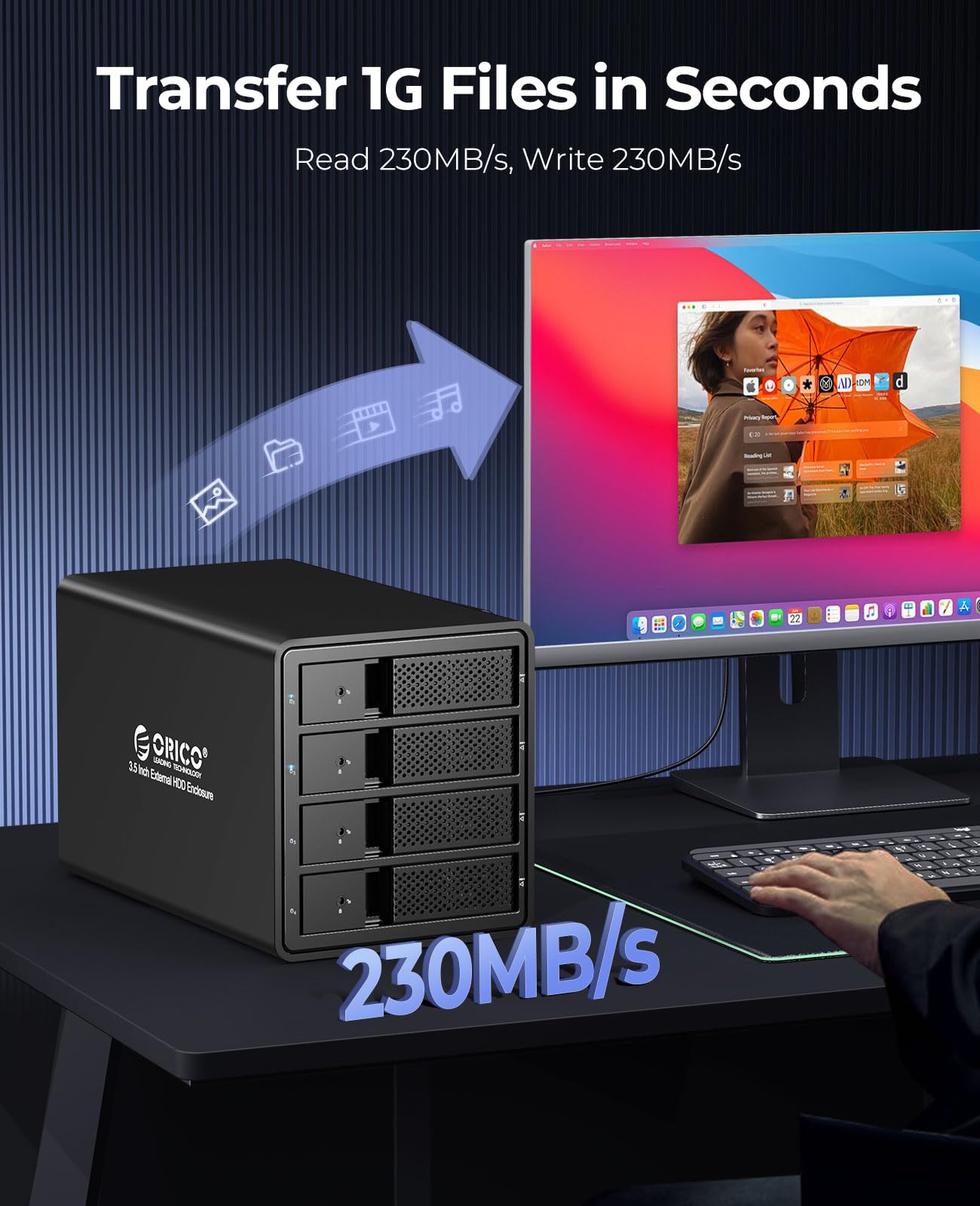 ORICO 4 Bay Raid Hard Drive Enclosure Aluminum with Hard Drive Tray-Less Design HDD Enclosure Max Up to 80TB Support RAID 0/1/3/5/10/JBOD/Single Mode, Designed with Safety Lock -9548RU3
