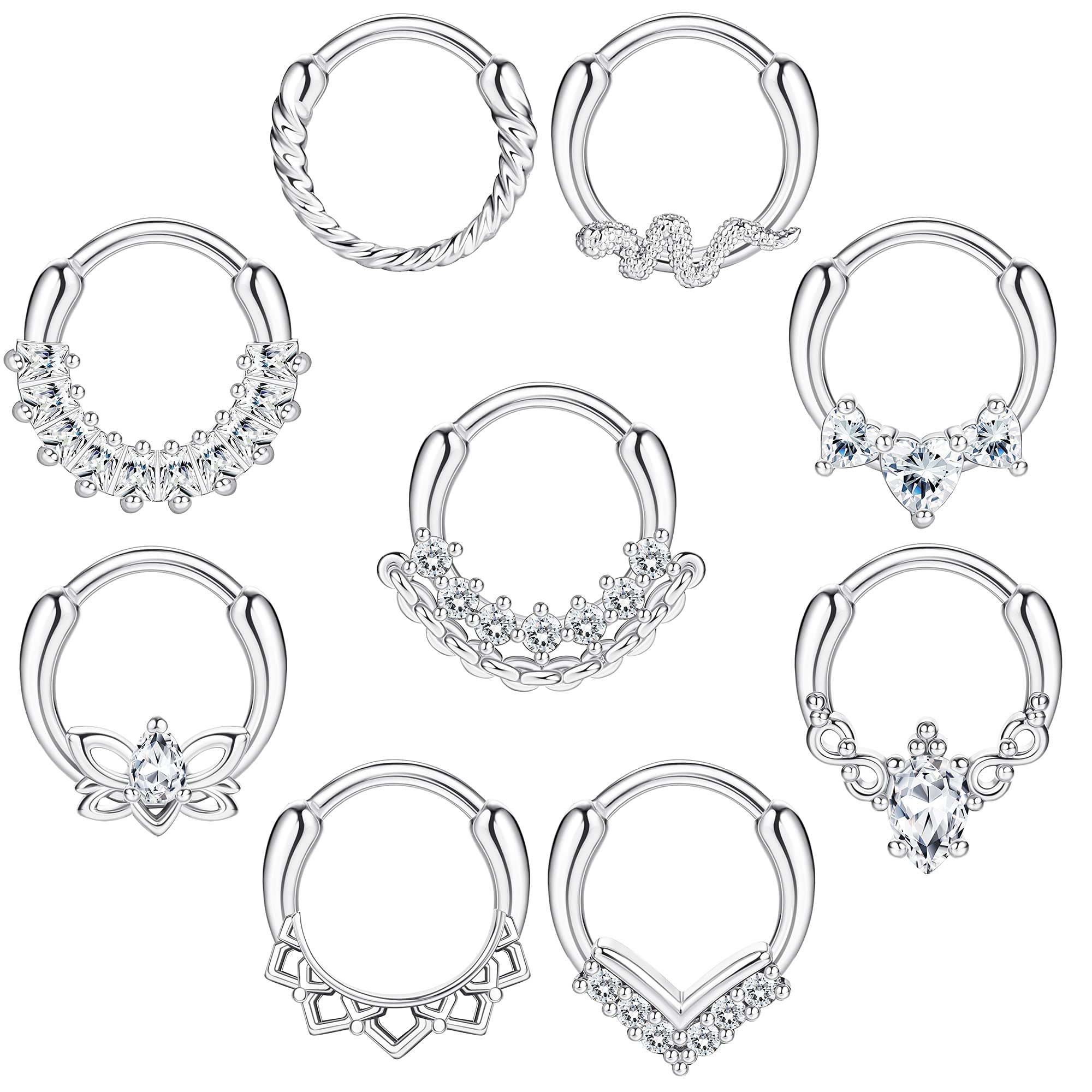 Ubjuliwa 9pcs Septum Rings Jewelry 16g Daith Earrings Hinged Hoop Nose Rings Septum Clicker CZ Stainless Steel Cartilage Earring Helix Tragus Daith Piercing Jewelry for Women