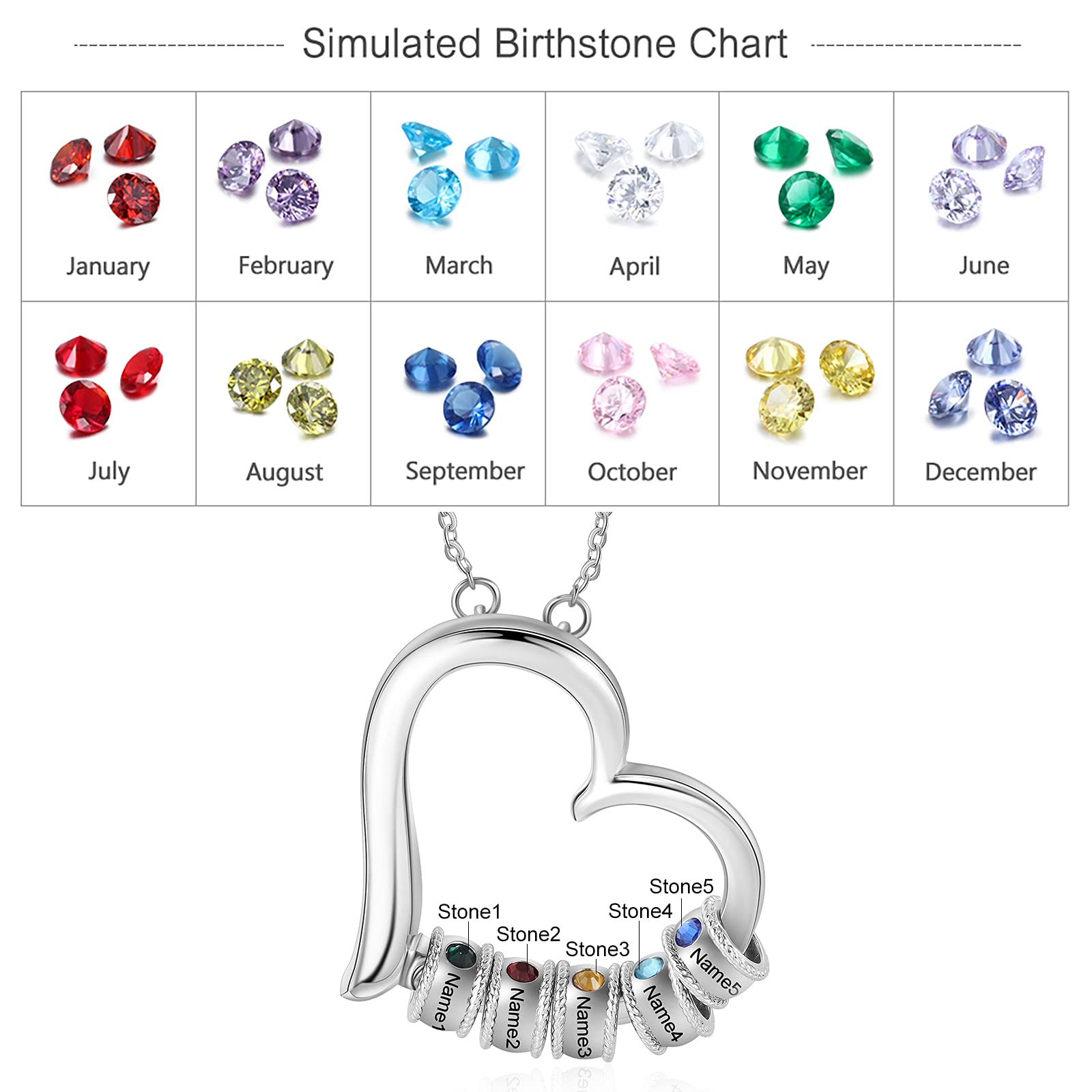 Wamantic Personalized Women's Pendant Necklace 925 Sterling Silver with 1-5 Simulated Birthstone Names Customized Heart Shape Cubic Zirconia Necklace For Christmas Gifts (5 Name&5 Stone)