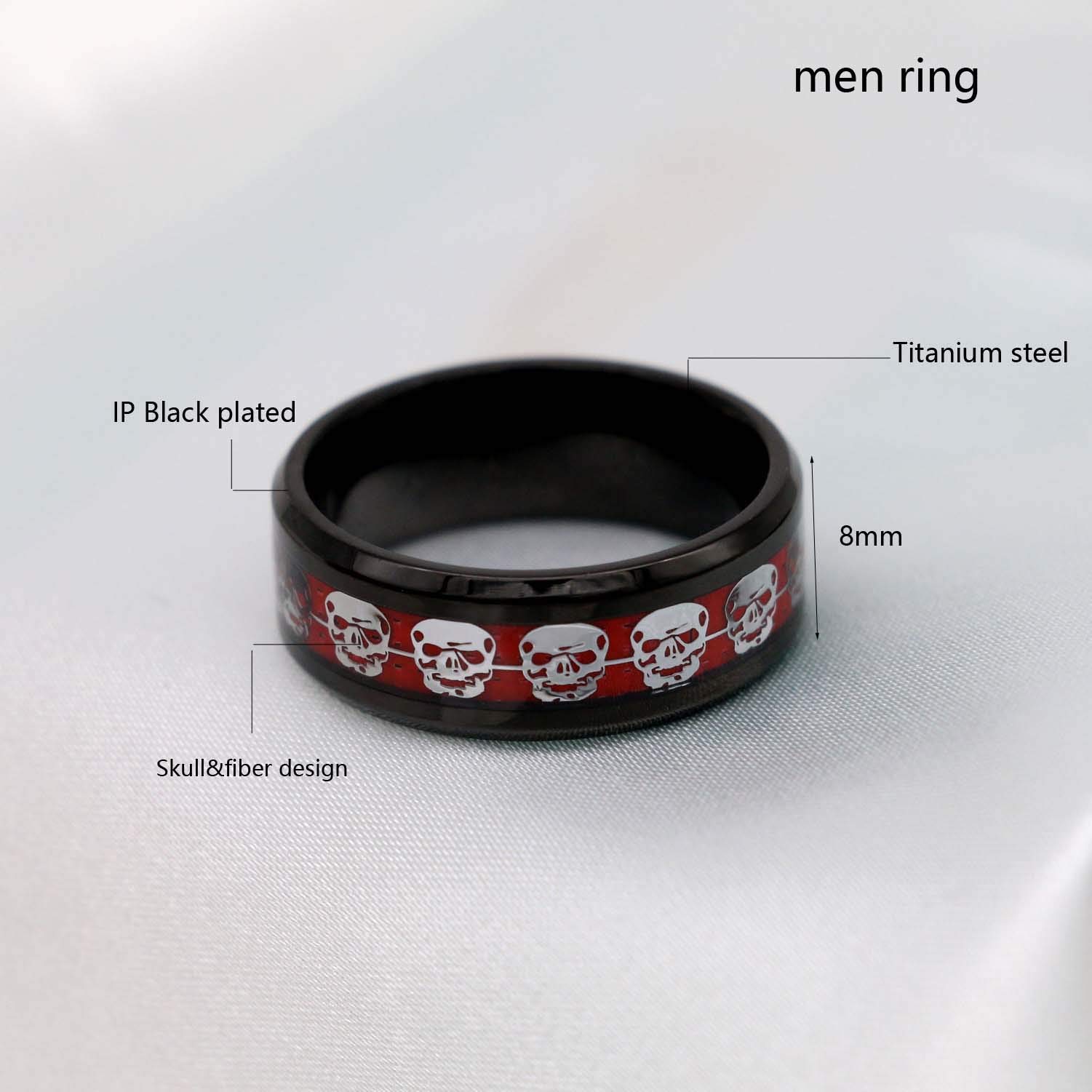 Ringcrown Couple Rings Black Plated Round Red Cz Womens Wedding Ring Sets Skull Ring Titanium Steel Man Wedding Bands(Please Buy 2 Rings for 1 Pair)