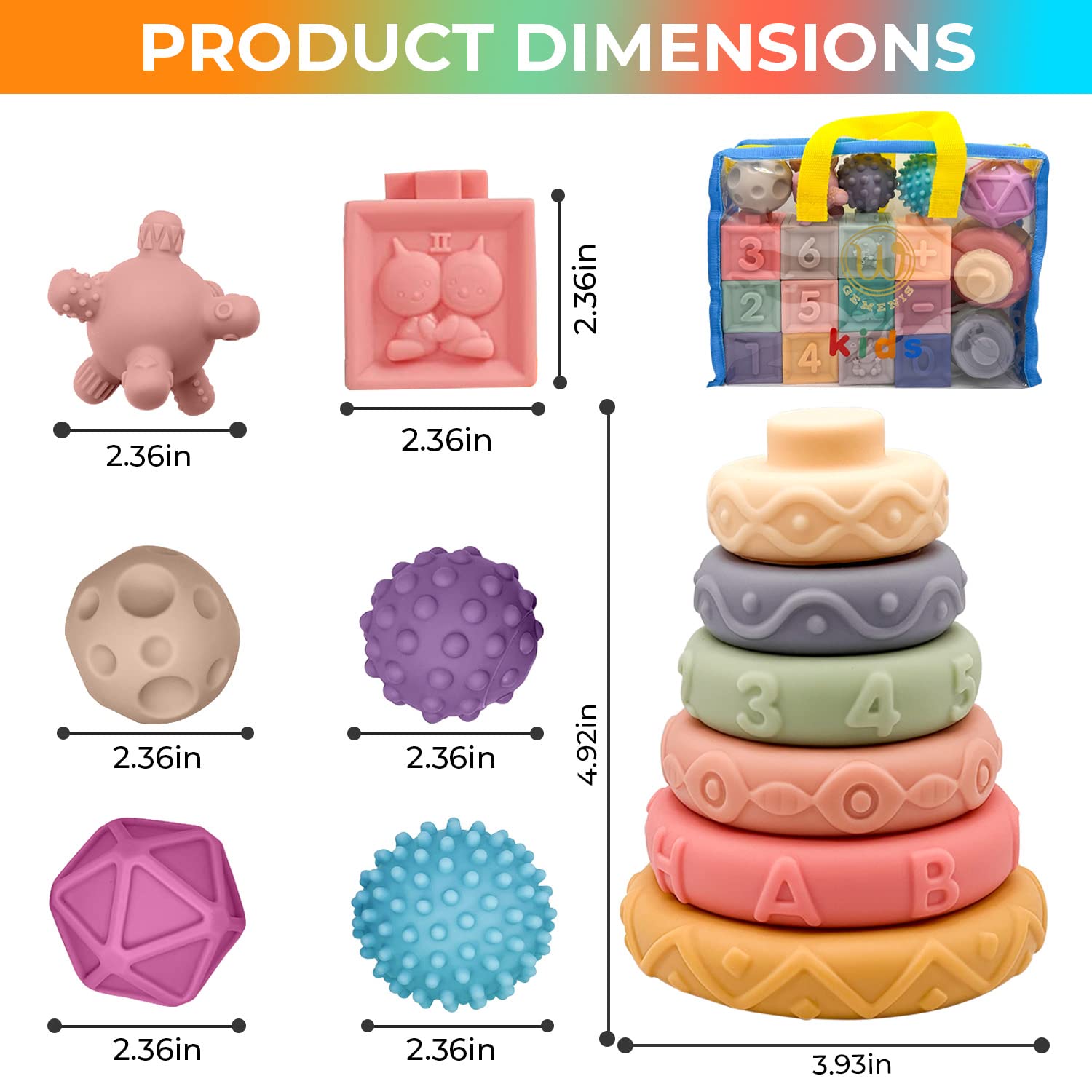 w Gemenis Baby Stacking and Nesting Toy Set β Soft Stack Rings, Educational Building Blocks, and Sensory Balls Squeeze and Learning Toys for Teething β Gift Ideas for Kids