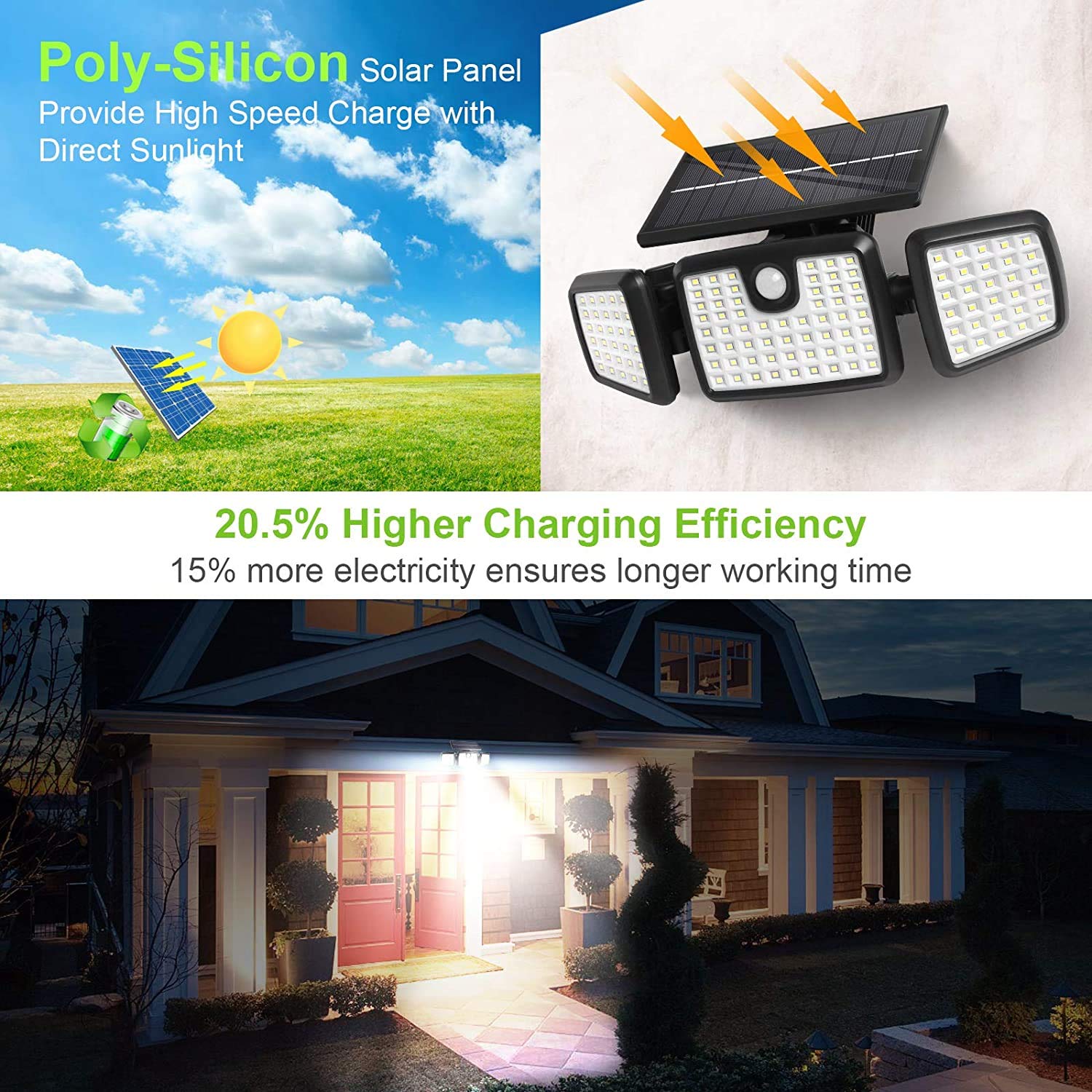 Solar Lights Outdoor, 176 LED Wireless Led Solar Motion Sensor Lights Outdoor, 3 Heads 270. Wide Angle with 3 Lighting Modes, IP65 Waterproof Solar Security Lights for Front Door Yard Garage(2-Pack)