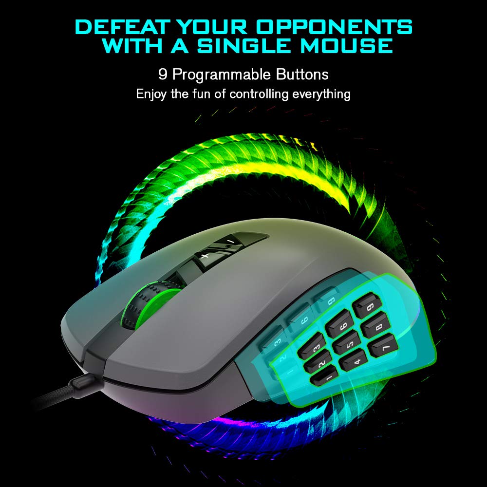 NACODEX GTI Modular Gaming Mouse Wired, Adjustable DPI RGB Backlit, MMO Gaming Mice with 14 Programmable Buttons, Palm/ Claw Grip Ergonomic for PC Gamer (Gray)