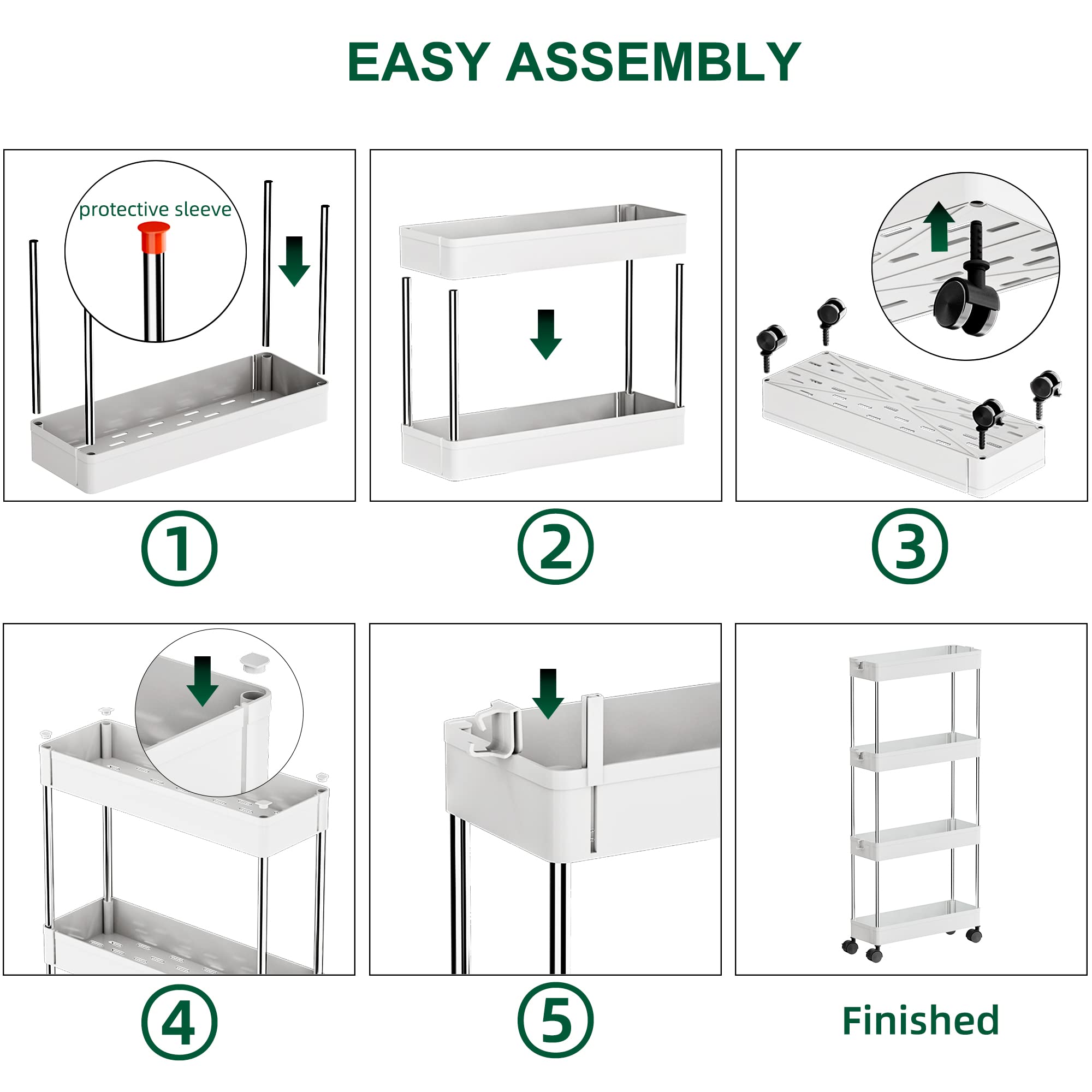 OTK Slim Storage Cart 4 Tier Mobile Shelving Unit Organizer, Utility Rolling Shelf Cart with Wheels for Bathroom Kitchen Bedroom Office Laundry Narrow Places,White