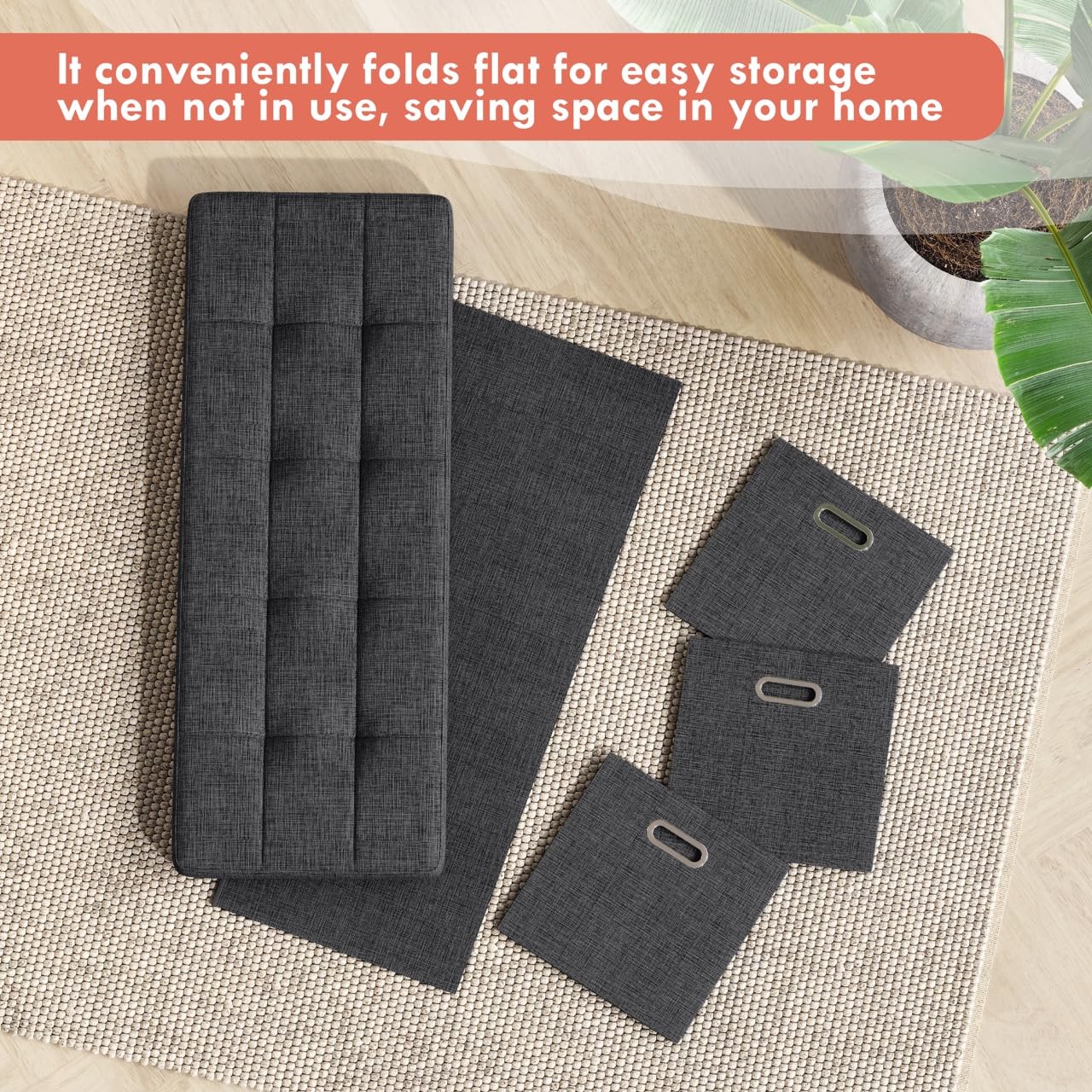 Ornavo Home Foldable Tufted Linen Large Long Bench Storage Ottoman Foot Rest Stool Seat with 3 Drawer Cubes - 15" x 40" x 15", Beige