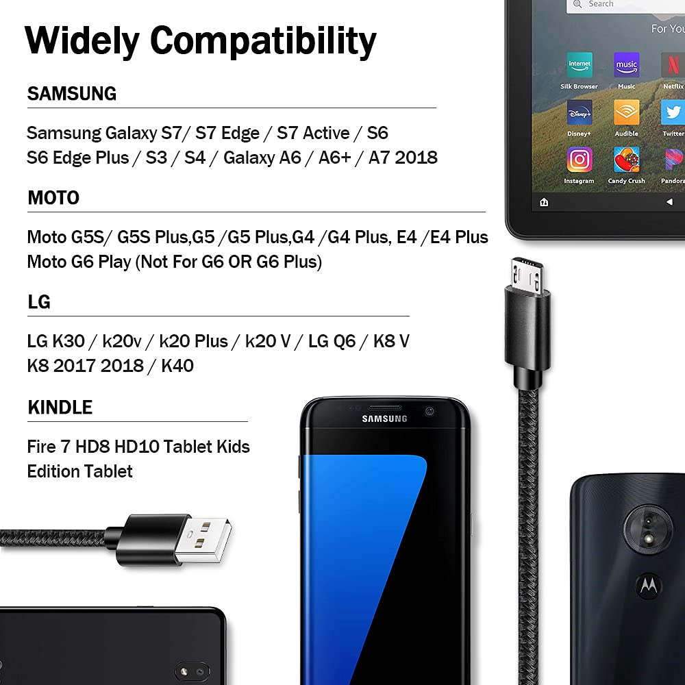 UDATON Micro USB Cable, Android Charger, 3 Pack 10FT Long Nylon Braided Fast Charging Cable Compatible with Samsung Galaxy S7 S6 Edge S6, Android & Windows Smartphones - Black