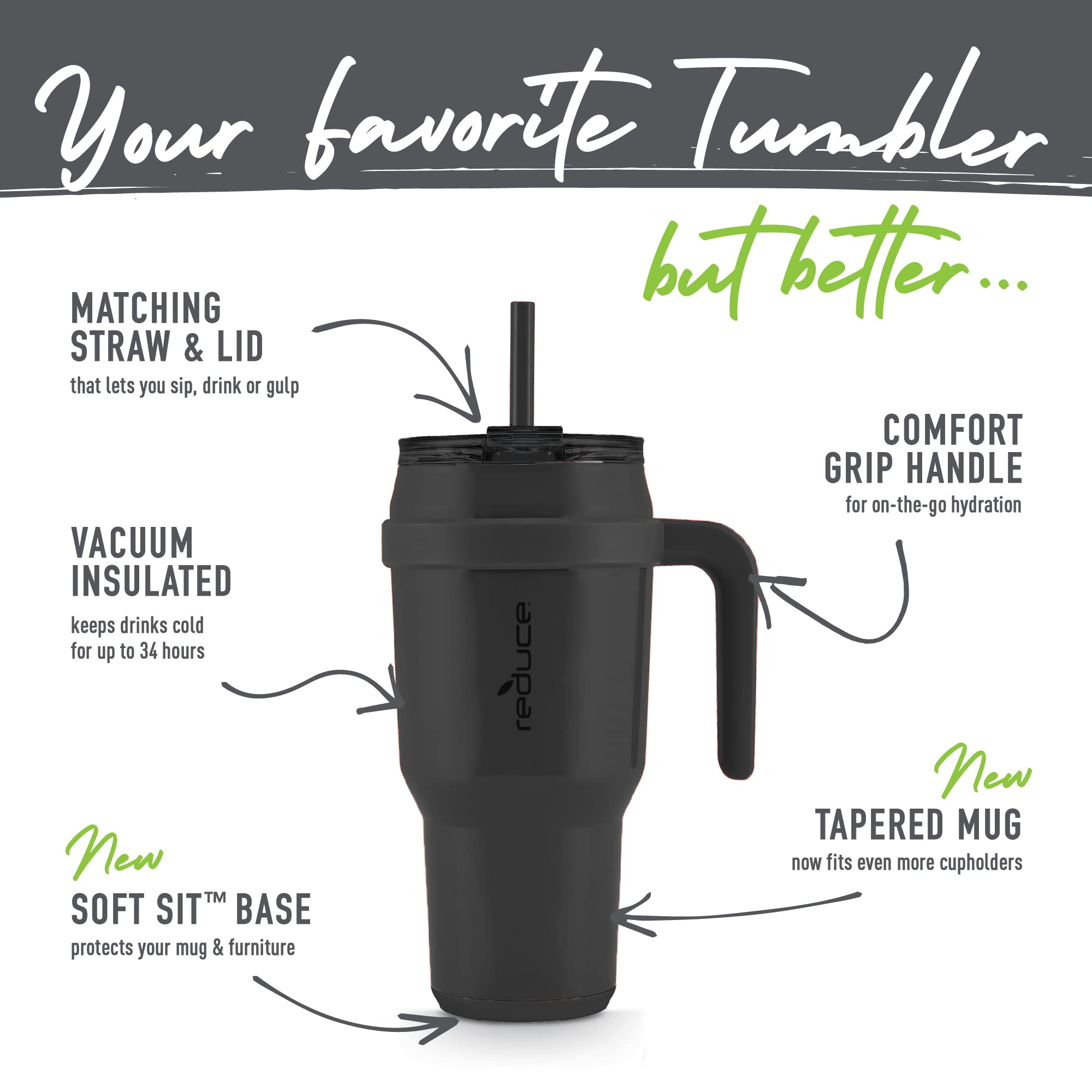 REDUCE Cold1 40 oz Tumbler with Handle - Vacuum Insulated Stainless Steel Water Bottle for Home, Office or Car, Reusable Mug with Straw or Leakproof Flip Lid, Keeps Drinks Cold All Day- Matte Phantom