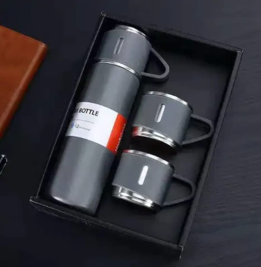 Stainless Steel Thermo 500ML/16.9oz Flask Double Wall Sports Bottle Vacuum Insulated for Coffee Hot Drink and Cold Drink Water Flask with 2 Cups(Gray,Set)