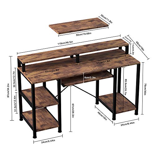 TechLand Industrial Computer Desk with Storage Shelves/Keyboard Tray/Monitor Stand, Modern Study Writing Table Workstation for Home Office