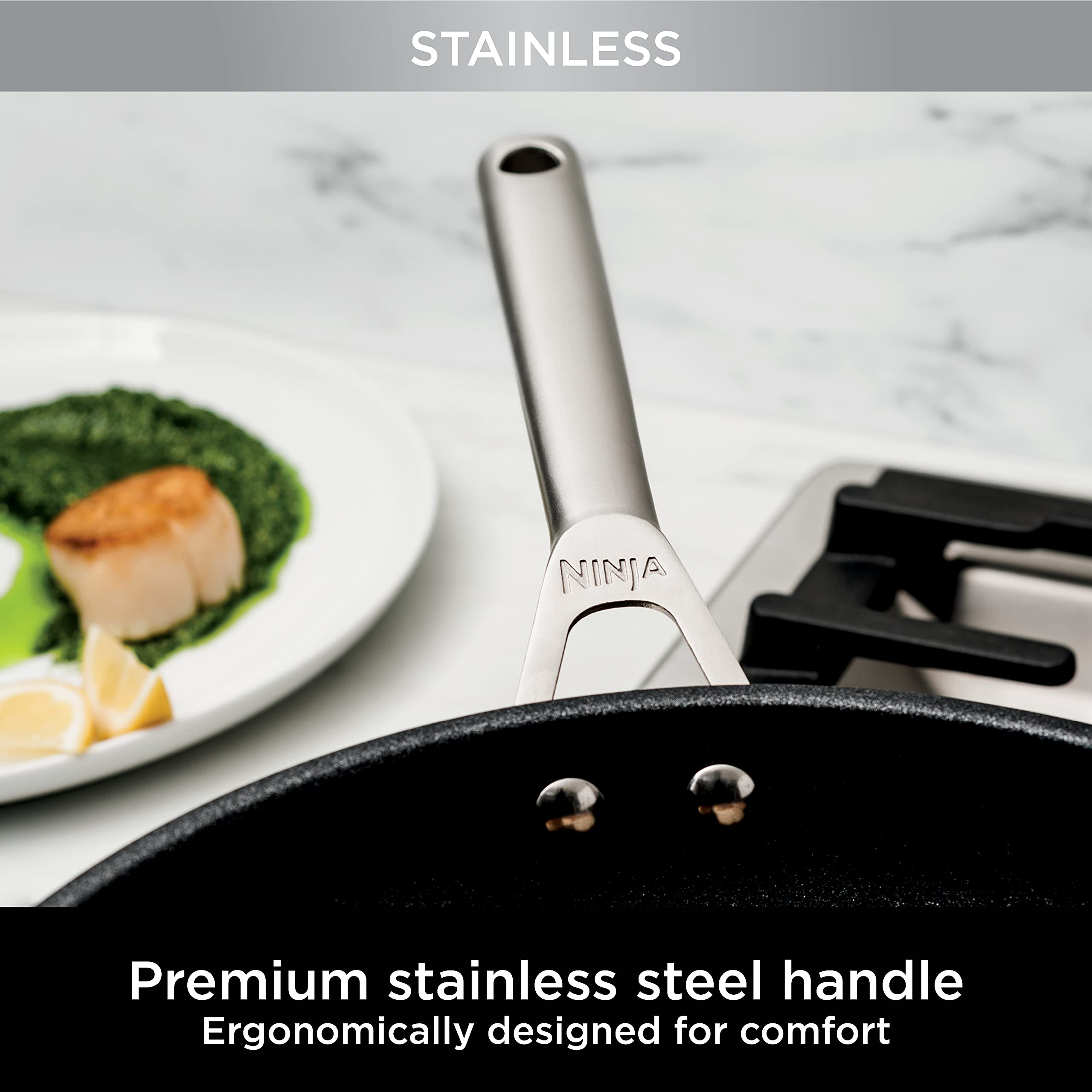 Ninja C60020 Foodi NeverStick Stainless 8-Inch Fry Pan, Polished Stainless-Steel Exterior, Nonstick, Durable & Oven Safe to 500°F, Silver