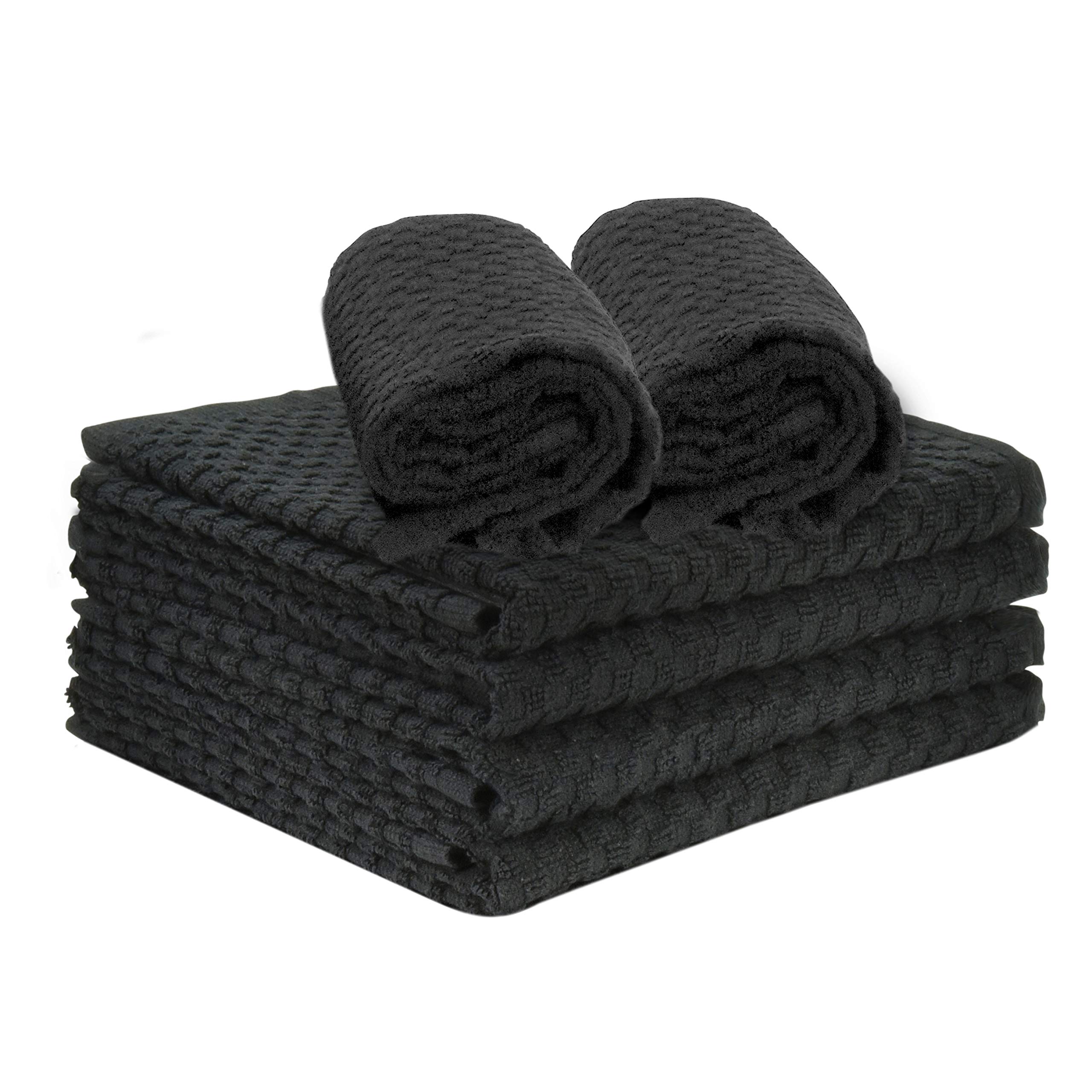 TALVANIA Kitchen Towels 100% Cotton Dobby Weave Terry Towel Set, 15" X 25", 6 Pack Soft and Absorbent Multipurpose Dish Cloth, Hand Towel and All Kitchen Cleaning Machine Washable (Black)