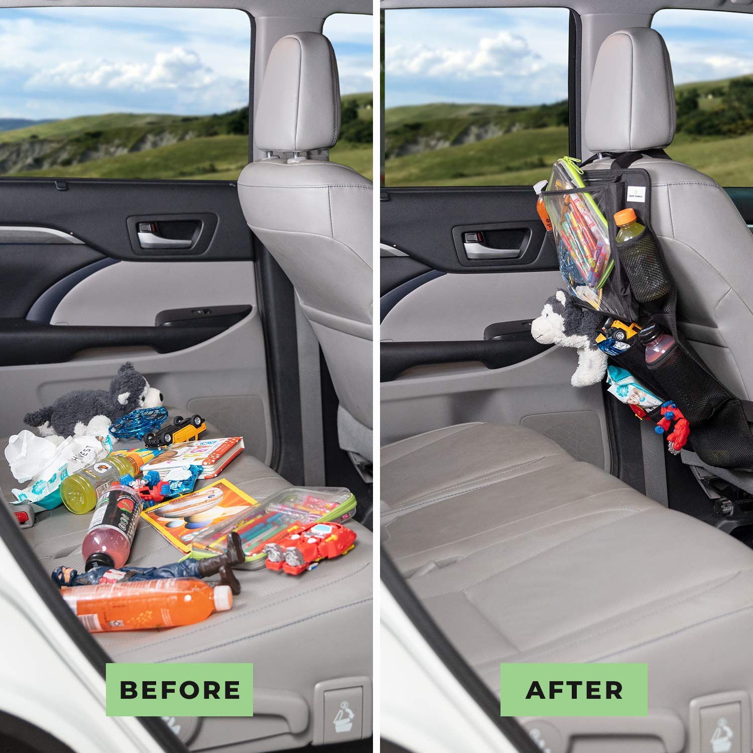 Quint Essence Heavy Duty Car Seat Organizer, Adjustable XL 12.9” Clear Touchscreen Tablet Holder, 11 Storage Pockets Kick Mats Back Seat Protector for kids, car travel accessories (2 Pack)