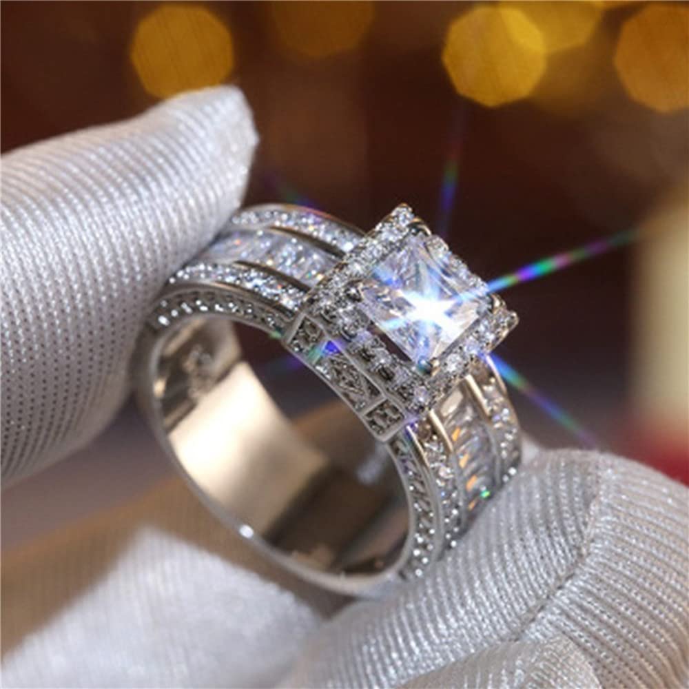 WANMEIL 14K White Gold Square Cut Pave Cubic Zirconia Stone Accent Promise Bridal Engagement Wedding Anniversary Band Ring (8)