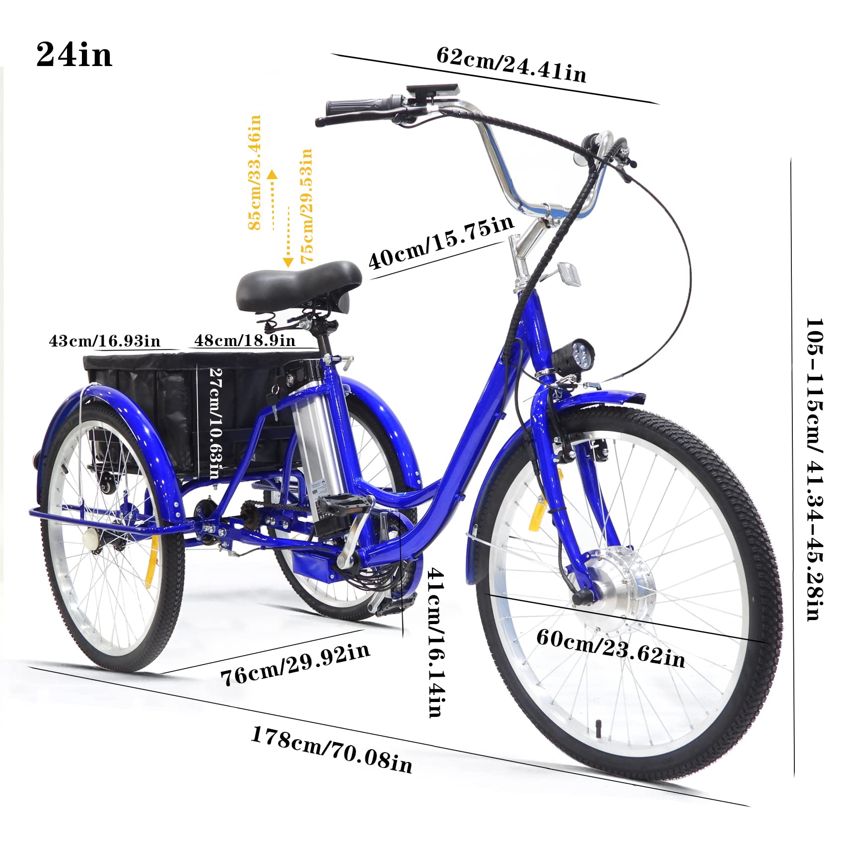 TMIAD 3 Wheel Electric Bicycle 24" Tricycle for Adults with 350w Motor and 36V 12Ah Removable Lithium Battery, Low Step-Through Aluminum Frame, Cargo Basket (Blue 1)
