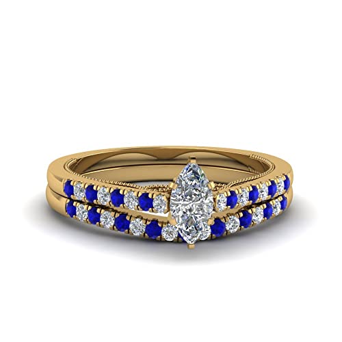 View In Different Gemstone's yellow gold plated Created Blue Sapphire Marquise shape Blue color Wedding Ring Sets prong Setting in Size 13.5 Handcraft Chakra Healing GPR-D182-MARQUISE-CBS-13.5