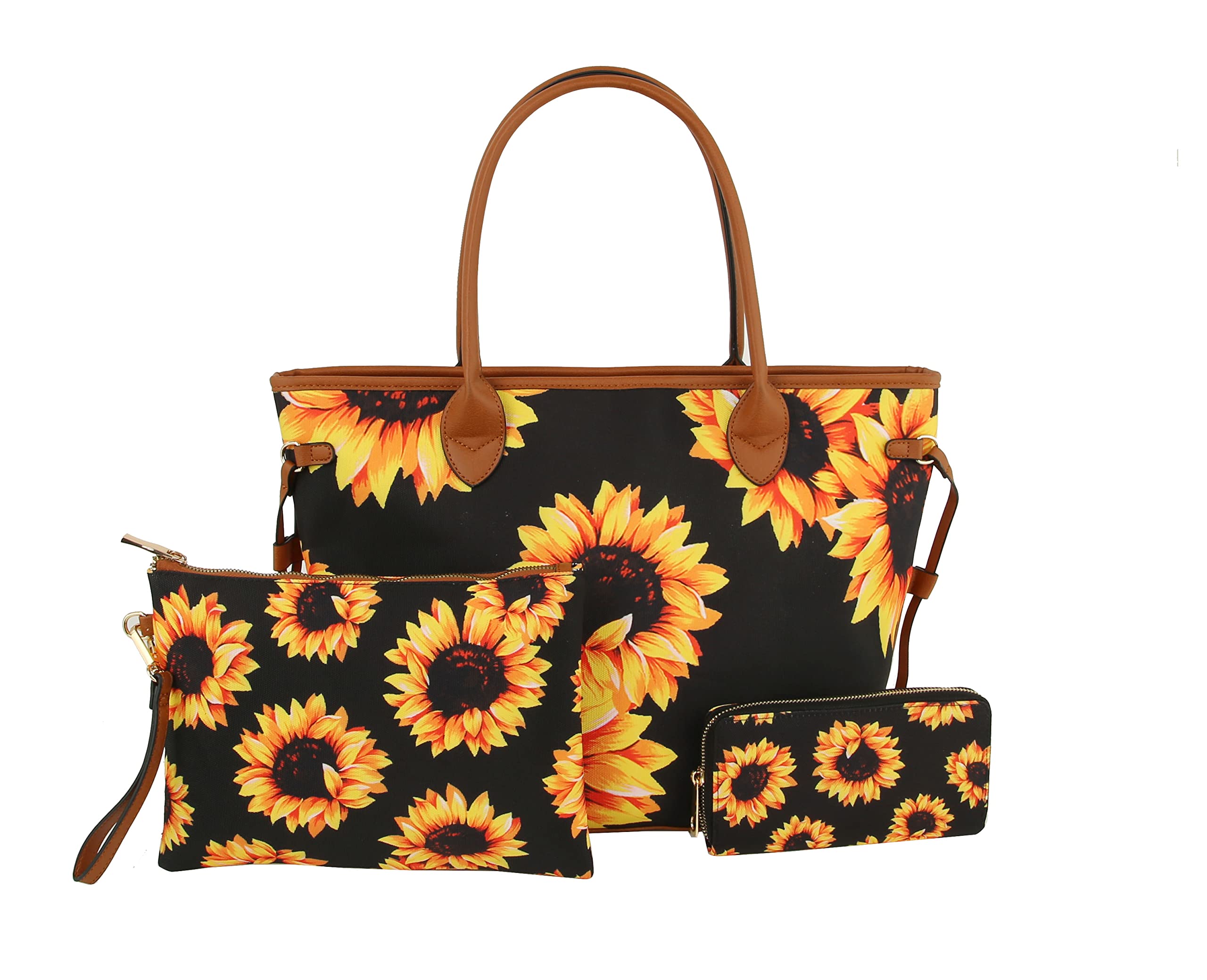 Sunflower Handbag 3 Piece Set Tote, Clutch, and Wallet - LPR0371W - MT Black