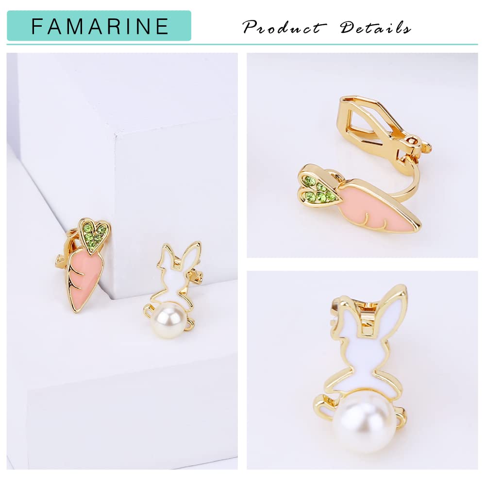 White Rabbit Bunny Carrot Clip On Earrings Crystal Pearl Cute Funny Earring For Women Easter Gifts