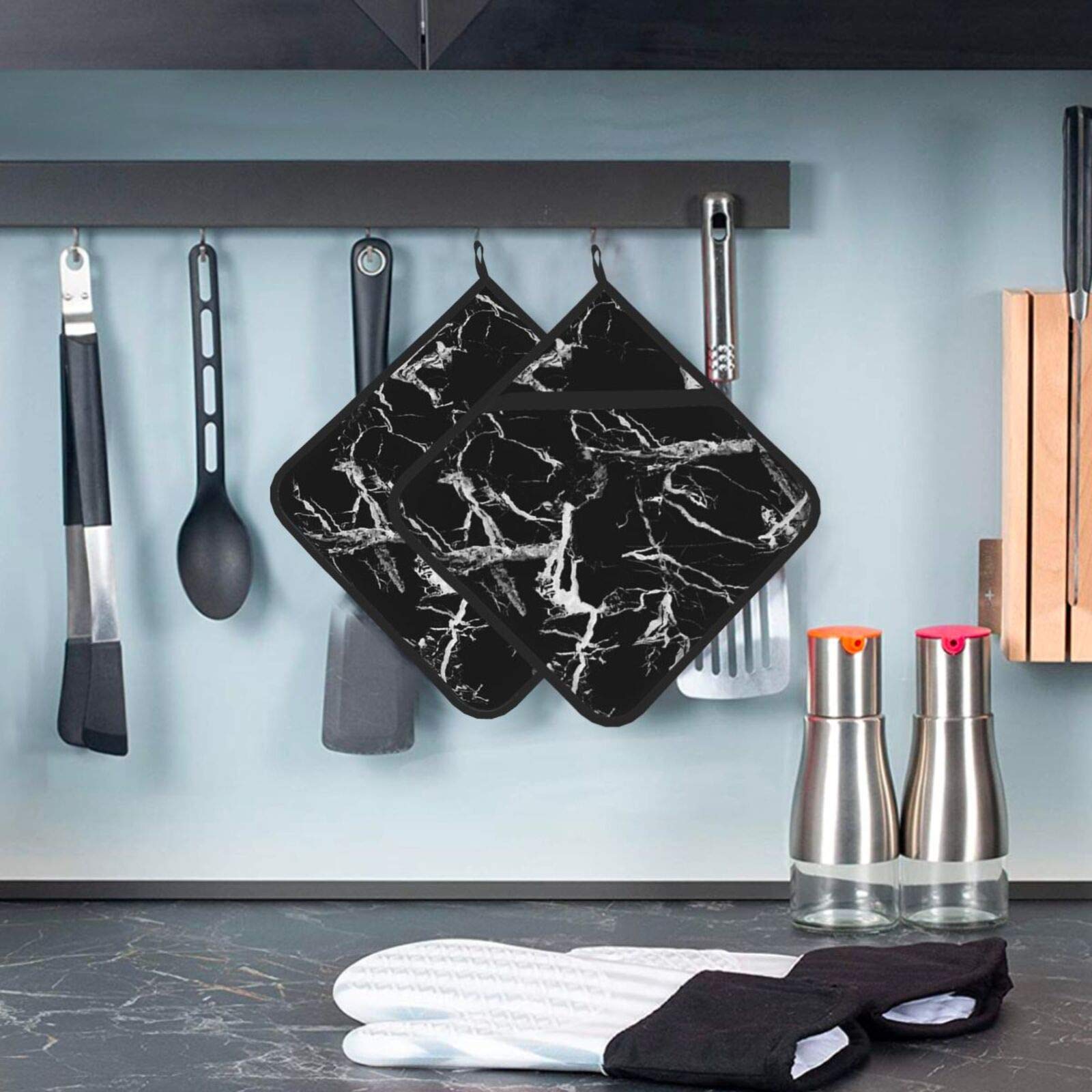 Stripe Marble Black and White Pot Holders Set of 2 Heat Resistant Hot Pot Holder Pads Kitchen Potholder for Cooking and Baking