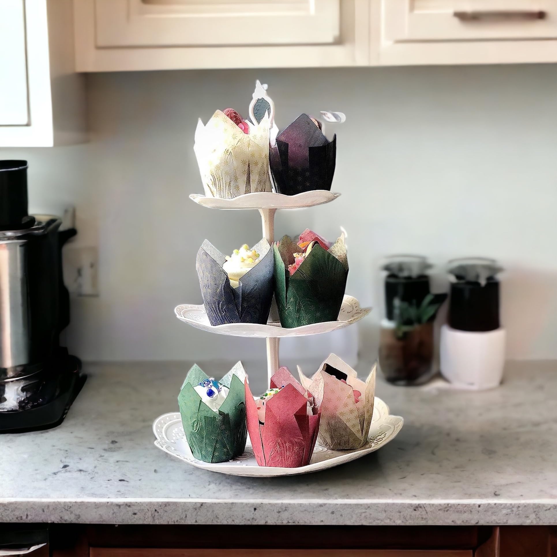 The Baker Celebrations 100 Gold Star Tulip Paper Cups 2 x 3 1/4 inch Muffin Liners; Cupcake Holders - Made in Canada - Green White Red and Blue (25 of each)