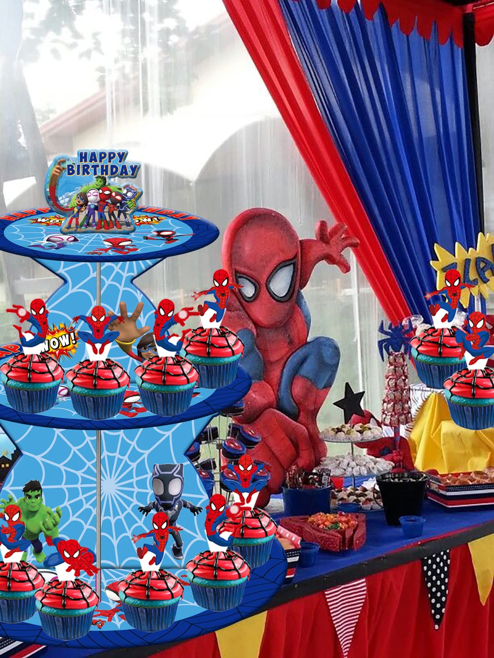 Spidey Party Supplies-Spidey Heroes 3 Tier Cupcake Stand Birthday Dessert Display Stand for Kid's Birthday Party Decoration