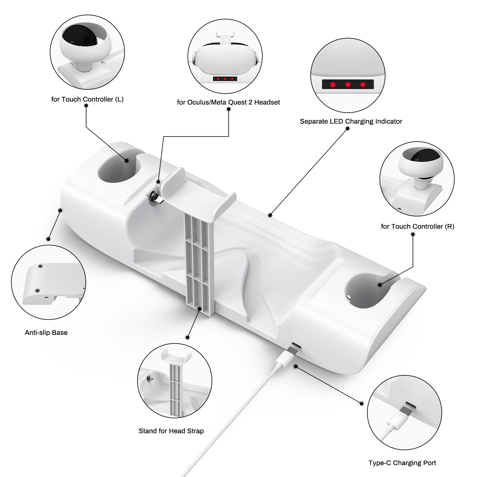 Younik Charging Dock for Quest 2, Charge Controllers and Headset Simultaneously, VR Charger Station Accessories with 2 Rechargeable Controller Batteries