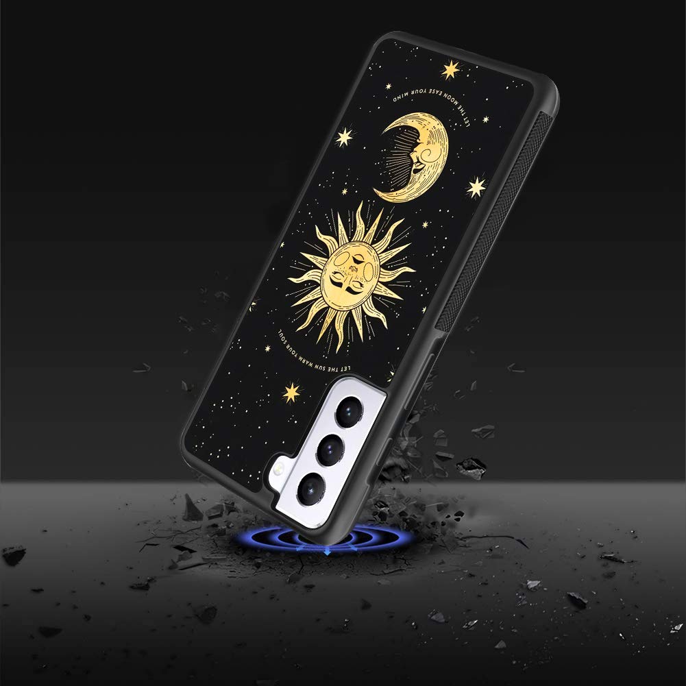 TEAUGHT Samsung Galaxy S21 5G Case (2021) 6.2 Inch Cute Moon Sun Star Universe Pattern Black Non-Slip Edge Hard PC Soft TPU Bumper Slim Shockproof Drop Protection
