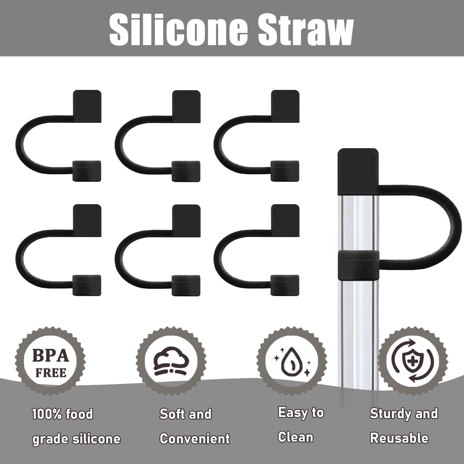 YZYX 6Pcs Silicone Straw Cover Cap for Stanley Tumbler Cup, Dust-Proof Straw Topper Compatible for 40 oz/30 oz Tumblers 6-11mm(Black)