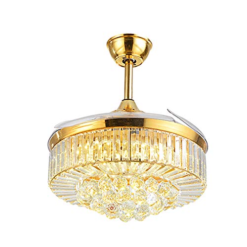 OUKANING Modern Dimmable Crystal Ceiling Fan with Lights and Remote Invisible Retractable Chandelier Fan Light LED Ceiling Light ďź36 inchďź (Golden)
