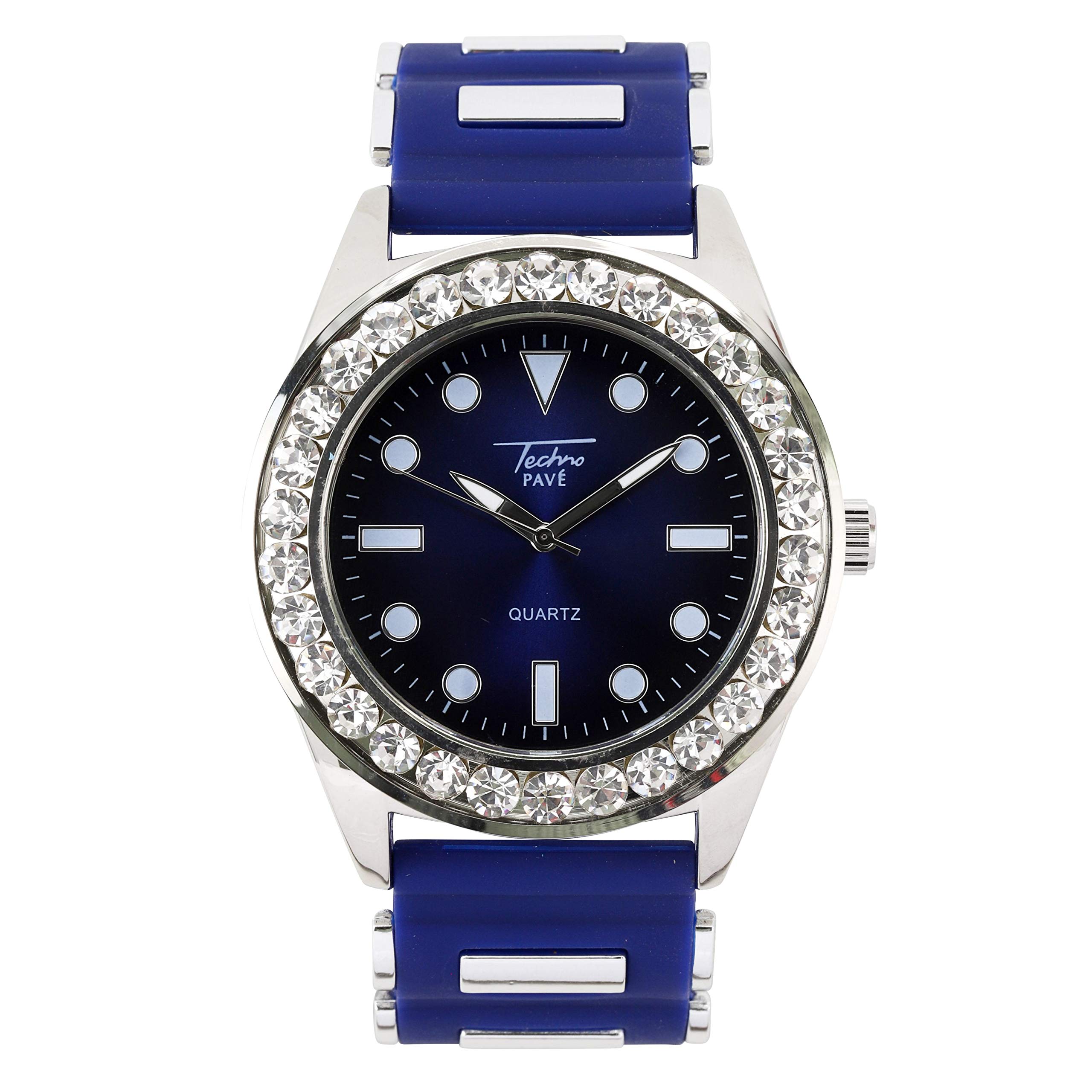 Techno Pave Mens Silver Hip Hop Iced Out Silicone Band Watch with Solitaire Bezel and Unique Time Indicators - Silicone Band Breathable Strap with Adjustable Holes
