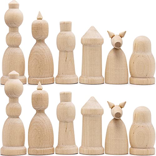 Unfinished Wood Chess Pieces Only Set of 32 pcs - Paint Your Own Chess Set - Blank Chess Sets for DIY- Wooden Peg Dolls Unfinished for Arts and Crafts
