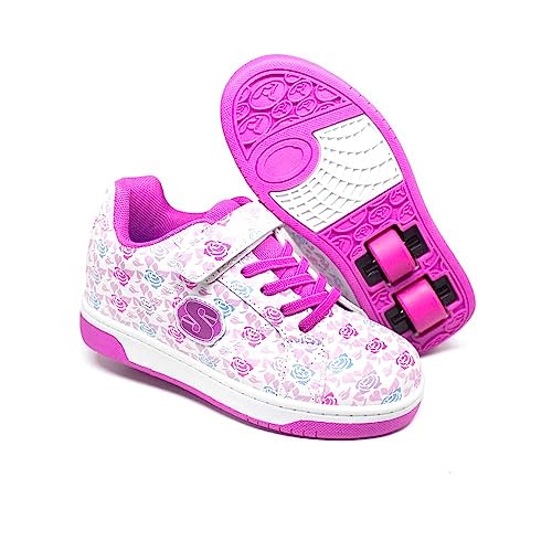 Proskate K-Speed 2 Wheels Skate Sneakers (White, Fuschia, Roses, us_Footwear_Size_System, Little_Kid, Numeric, Medium, Numeric_1)