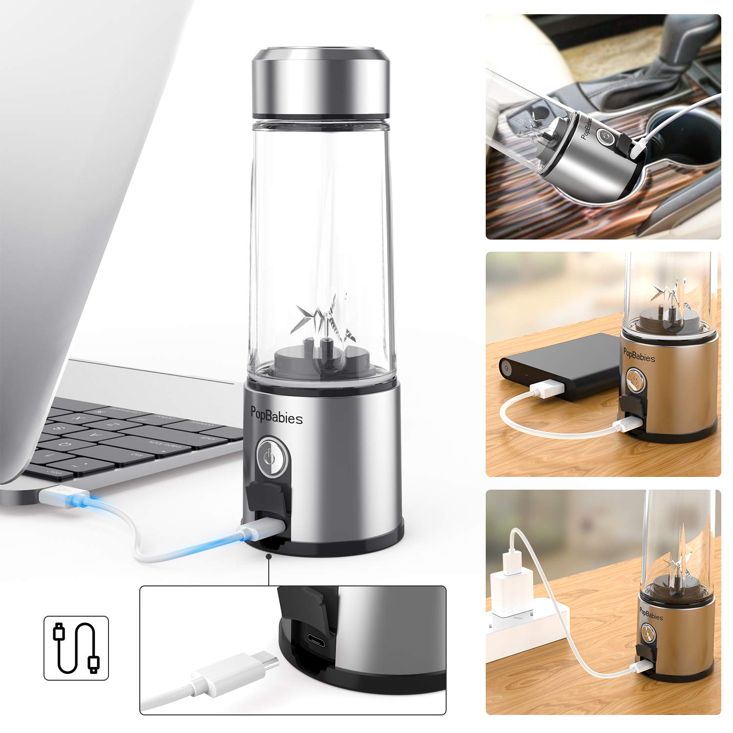 Portable Blender Glass, PopBabies Smoothie Blender to go, Personal Blender Protein Shaker