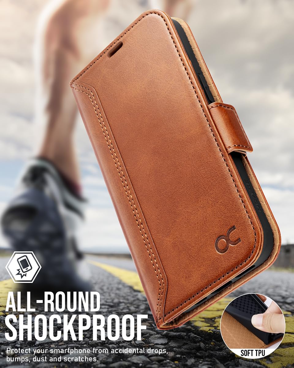 OCASE Compatible with iPhone 15 Pro Wallet Case, PU Leather Flip Folio Case with Card Holders RFID Blocking Kickstand [Shockproof TPU Inner Shell] Phone Cover 6.1 Inch 2023, Retro Brown