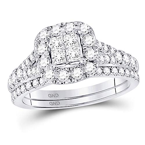 Solid 14k White Gold Princess Cut Diamond Cluster Bridal Wedding Engagement Ring Band Set 1.00 Ct. - Size 7