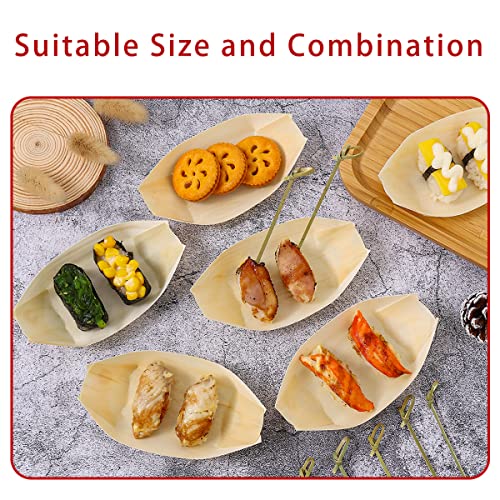 WATHFKCU 5.7 Inch Disposable Bamboo Wooden Sushi Boat Plate Bamboo Appetizer Plates Dishes Sushi Serving Tray Wooden Leaf Boat with 100Pcs Bamboo Picks (5.7inch)