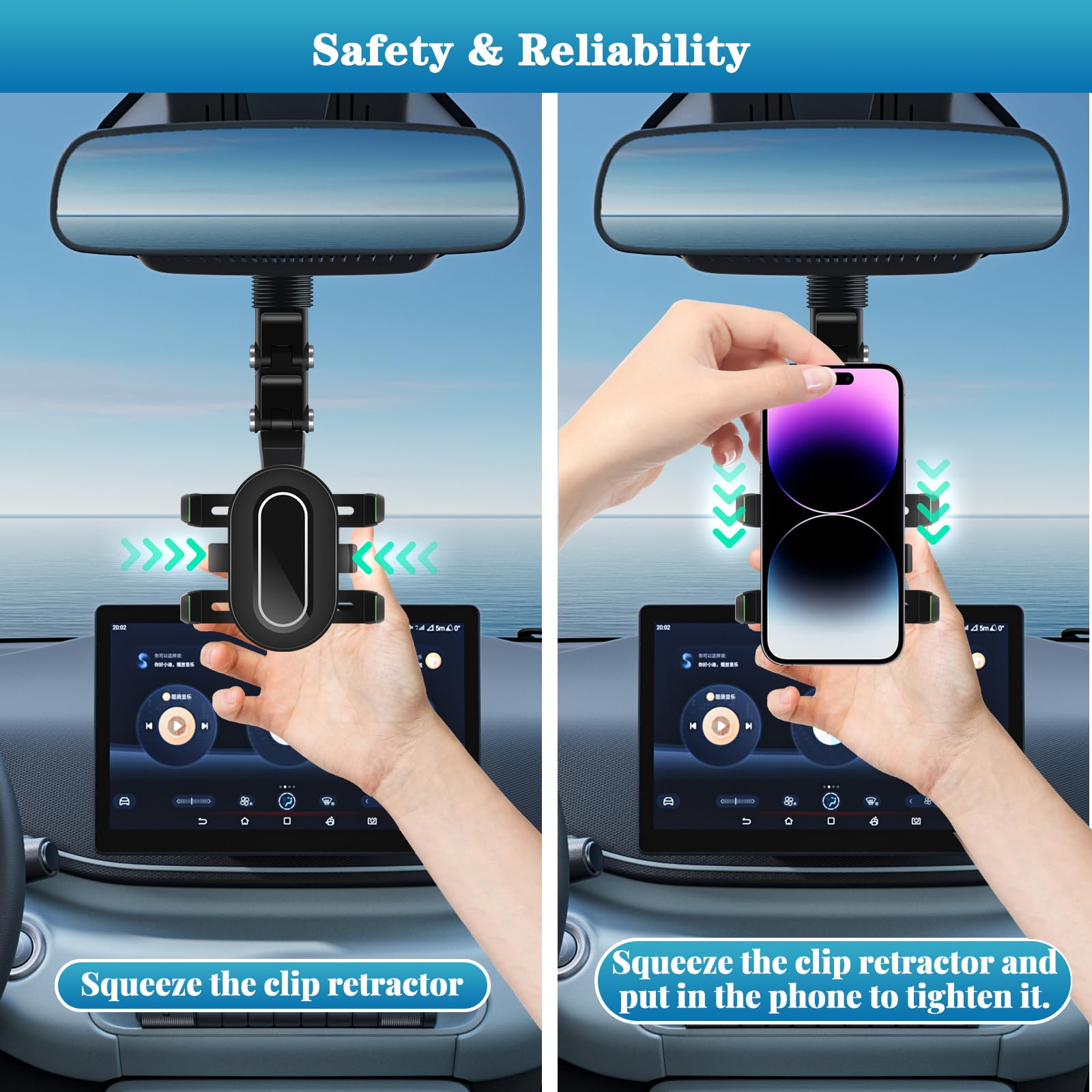 Rear View Mirror Phone Holder for Car, 360° Rotatable and Retractable Car Phone Holder Mount, Upgraded Universal Rearview Mirror Car Cell Phone Holder Fit All iPhone Android Mobile Phone & Most Car