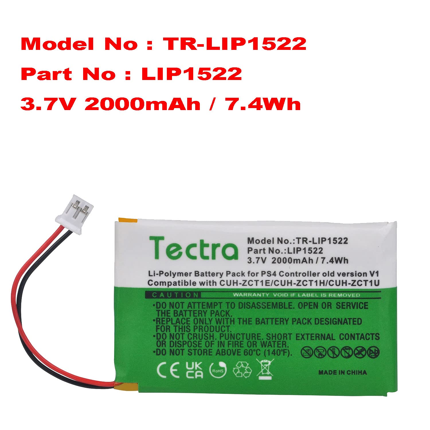 Tectra 2000mAh LIP1522 Battery for Sony Playstation 4 Dual Shock 4 CUH-ZCT1U CUH-ZCT1E CUH-ZCT1H PS4 Wireless Controller 2015 and Before(Big Plug)