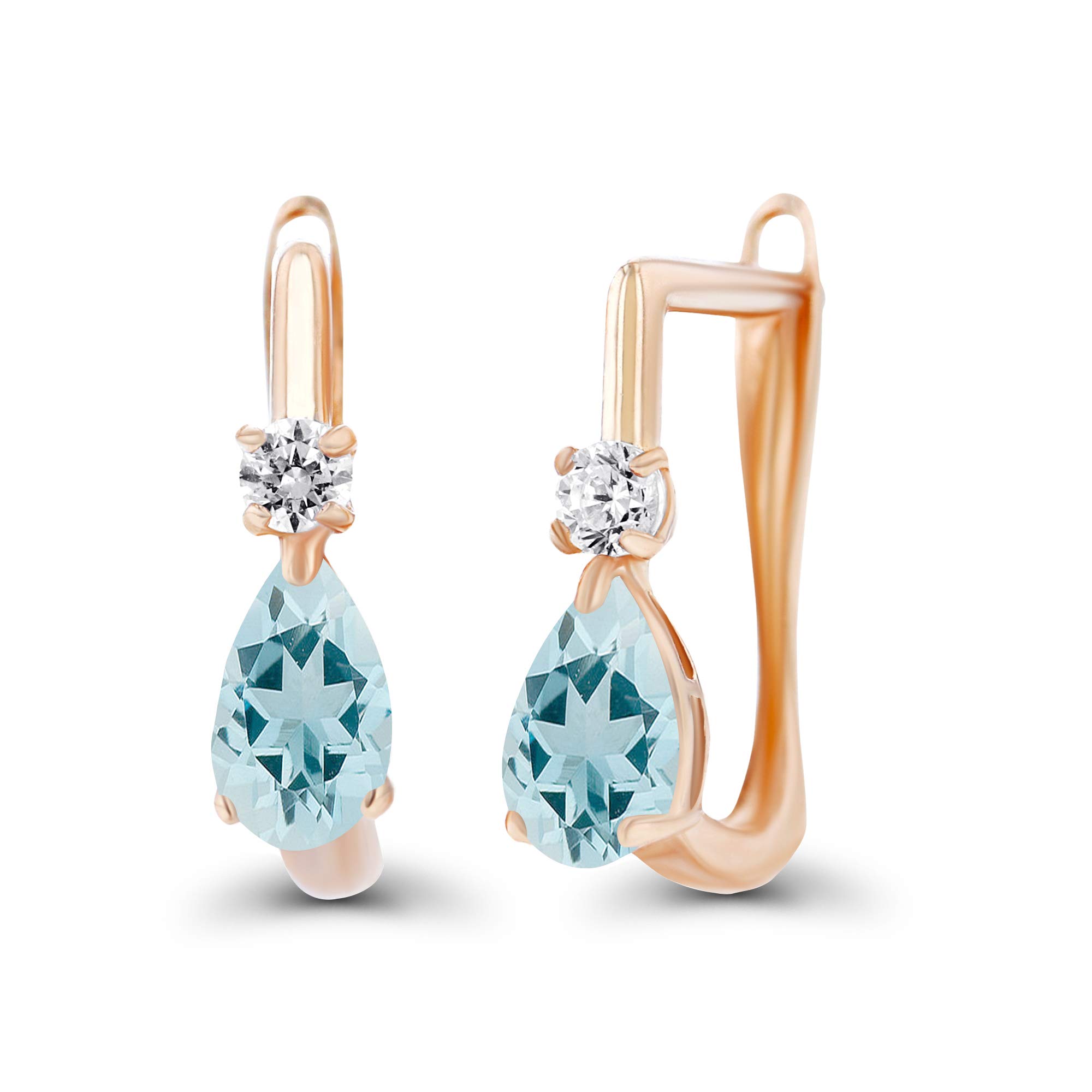Solid 14K White Gold 5x3mm Pear Natural Aquamarine March Birthstone Huggie Earrings For Women & 2mm Created White Sapphire Latchback Earrings For Women