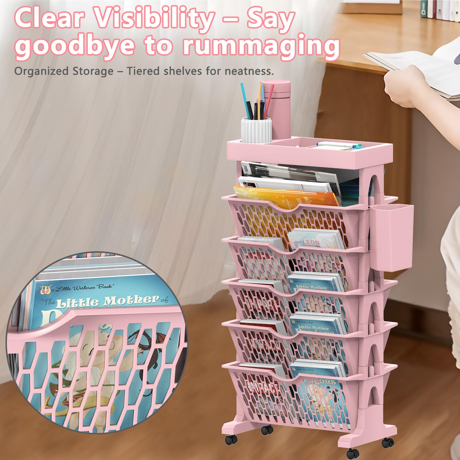 NIRIAHO 6 Tier Mobile Bookshelf, Rolling Cart Multi-Functional Movable Storage Book Shelves, Utility Cart Office Organizer Pink Bookshelves with Lockable Casters for Office, Dorm, Classroom