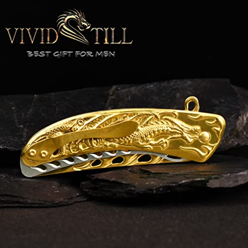 Vividstill Pocket Knife for Men, Cool Folding Knife With 3D Golden Dragon Embossed Relief, Great Gift Edc Knife For Men Outdoor Survival Campingā¦
