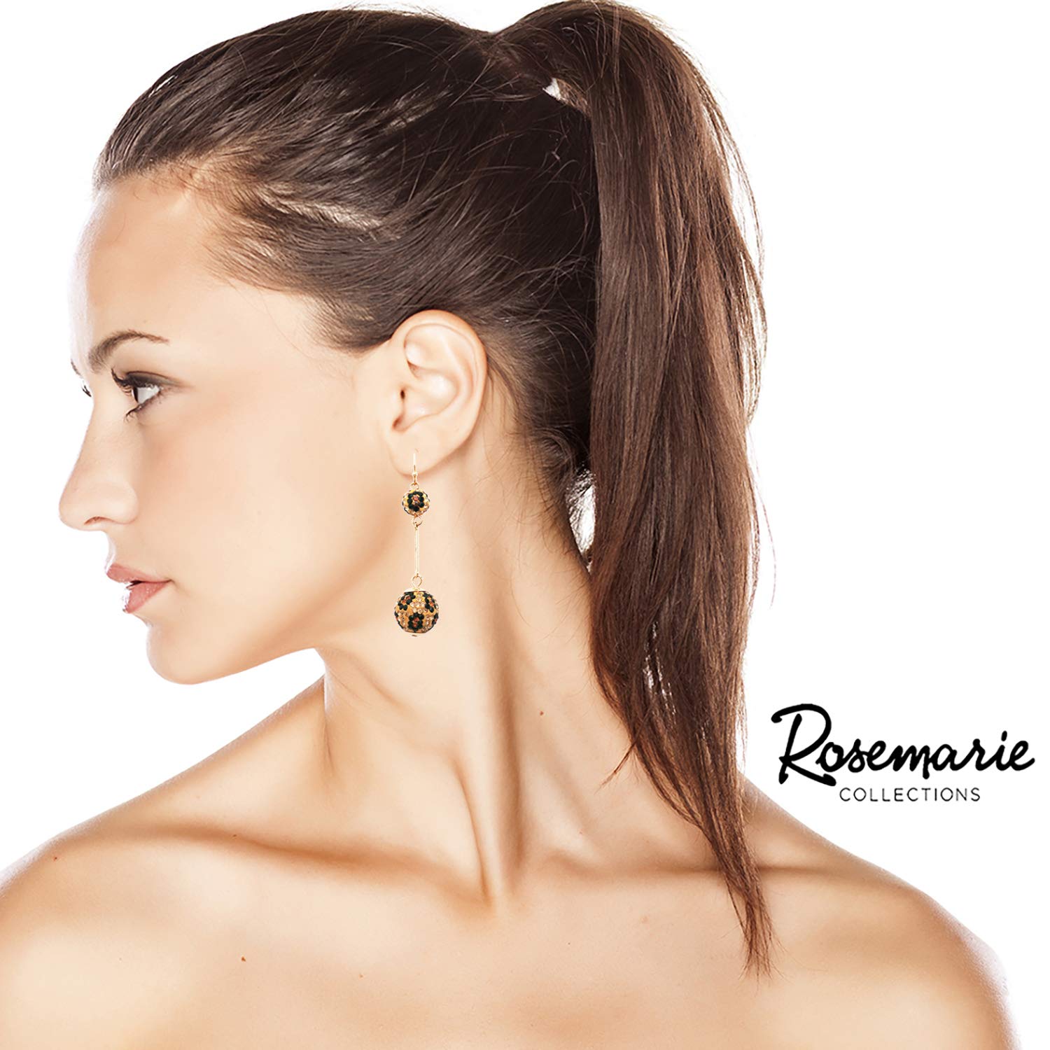 Rosemarie & Jubalee Women's Get Wild Leopard Print Pave Crystal Ball Drop Earrings (Double Ball Bar Gold Tone Fish Hook, 2.5")