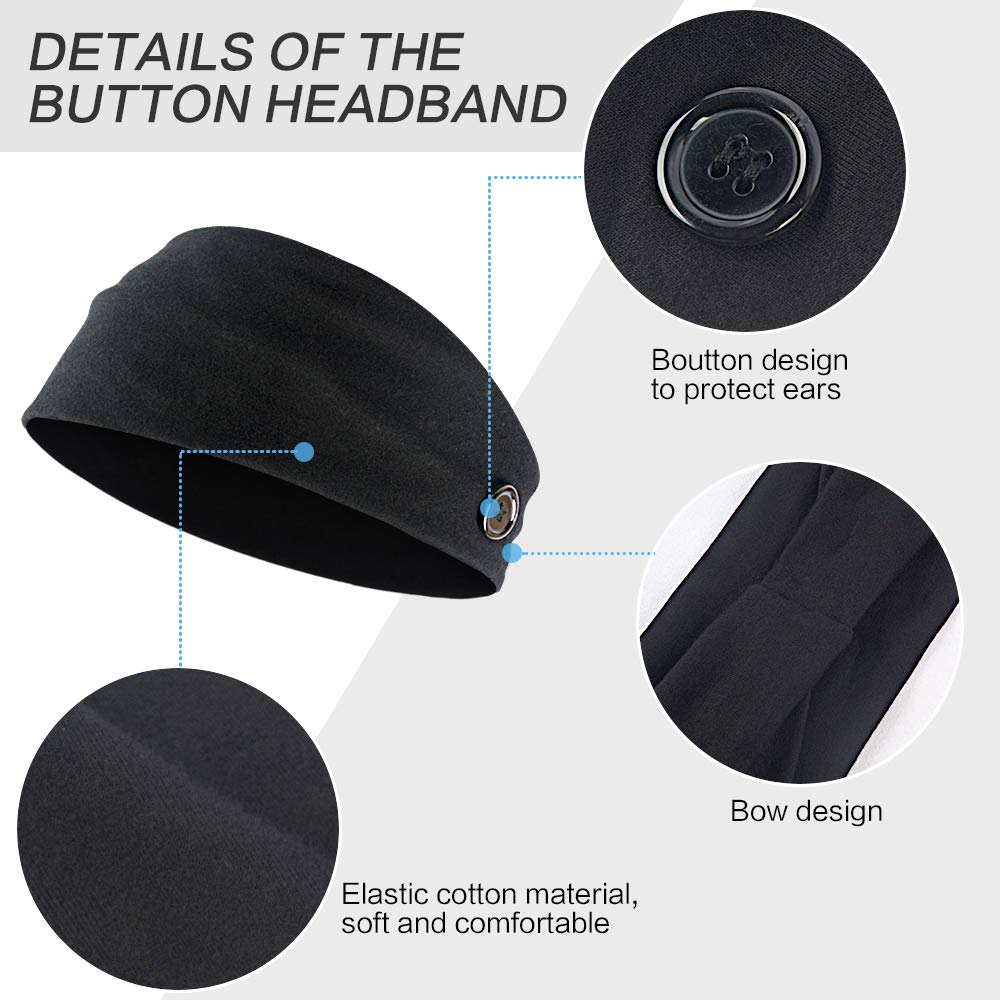 SUNLAND Headband with Buttons for Face Masks and Covers Unisex Elastic Hair Band for Ears Protection Bandannas for Head Wraps 3 Pack Black