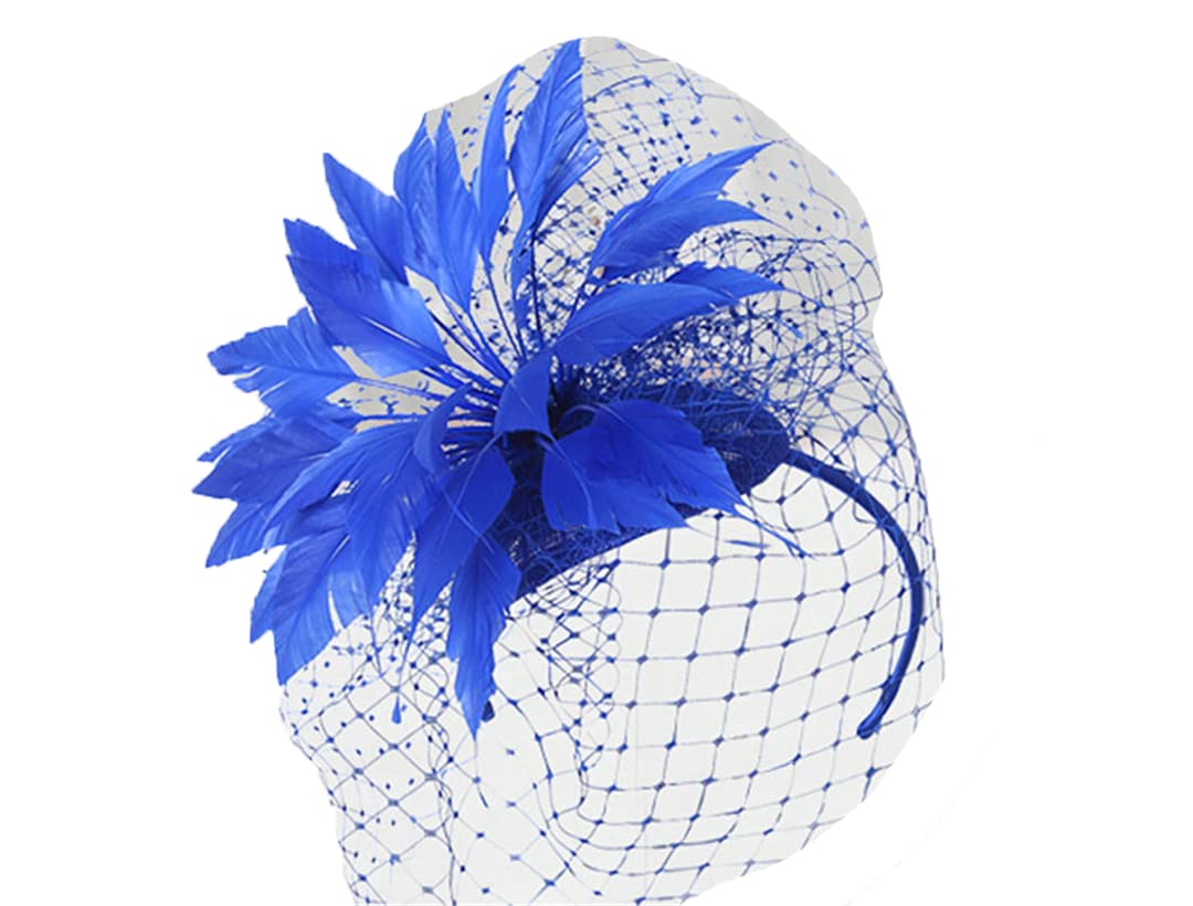 Royal Blue Hat Hat with Feather Flower Ladien Gauze Dress Hats Hair Accessories Royal Blue One Size