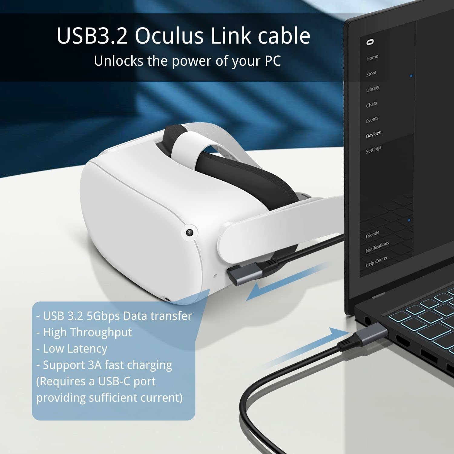 TNP Link Cable 16 FT Compatible with Oculus Quest 2 - USB 3.2 Type C to C Link Cable VR Quest 2 - High Speed Data Transfer and Fast Charing Quest 2 Link Cable for VR Headset to Gaming PC