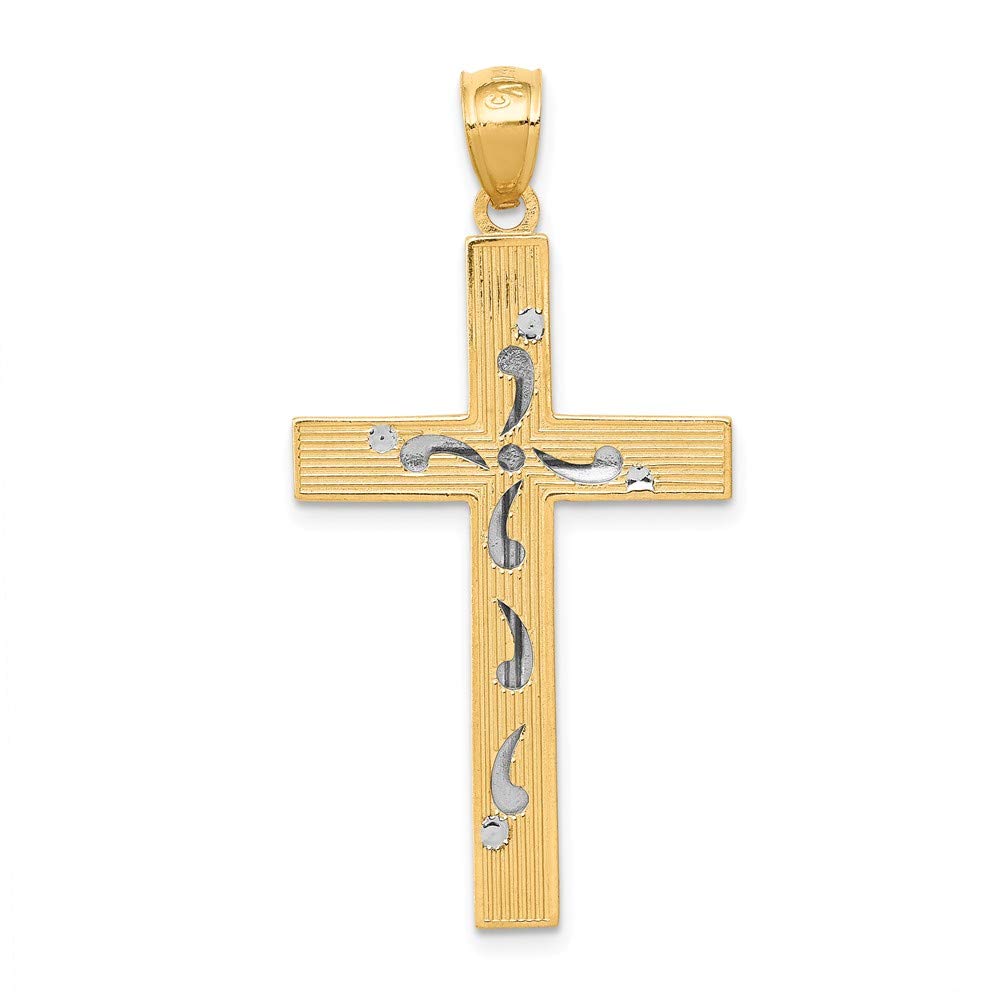 Solid 14k Yellow and White Gold Two Tone Diamond-cut Cross Pendant Charm - 38mm x 19mm